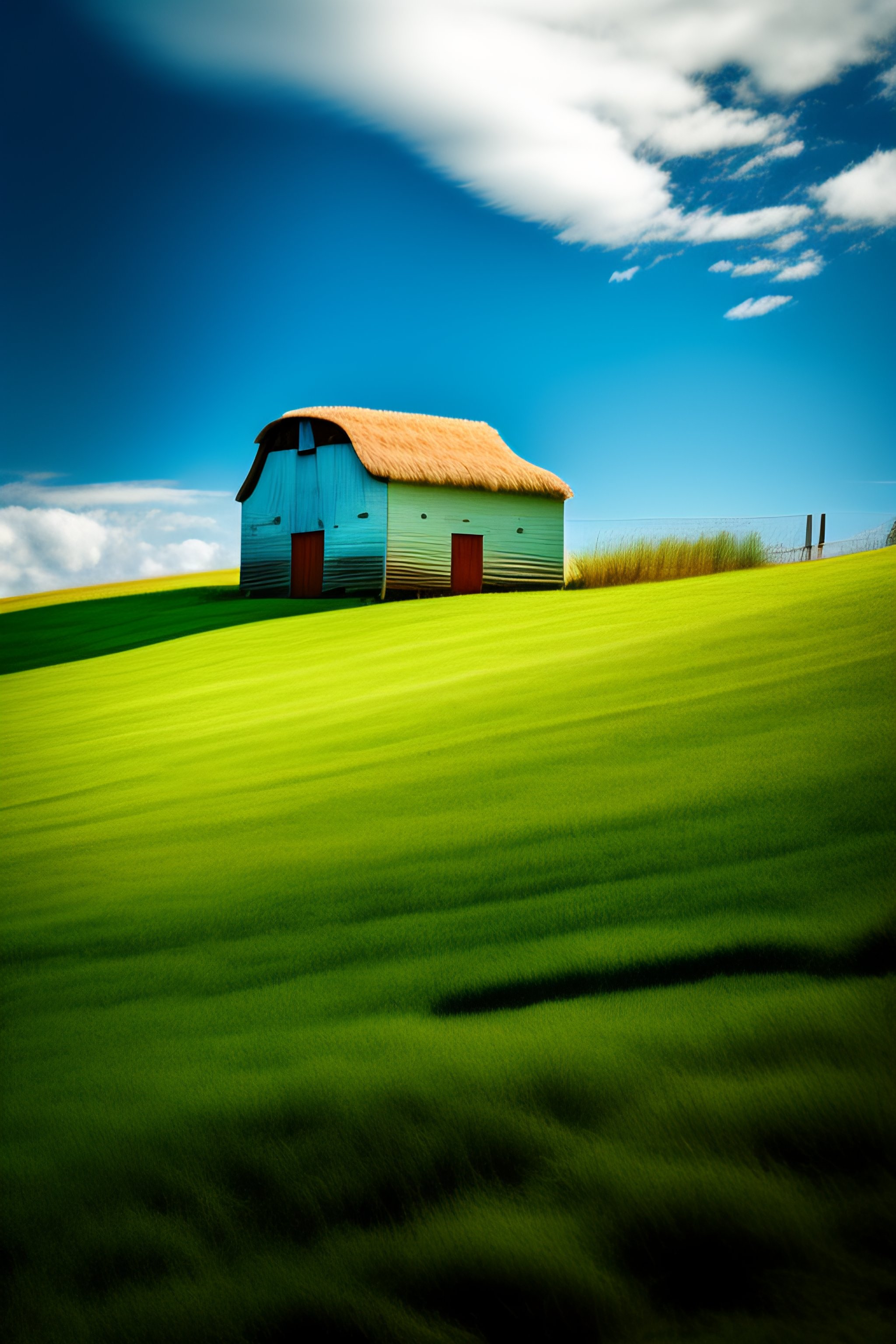 Lexica - Grass with a small barn in background and blue sky