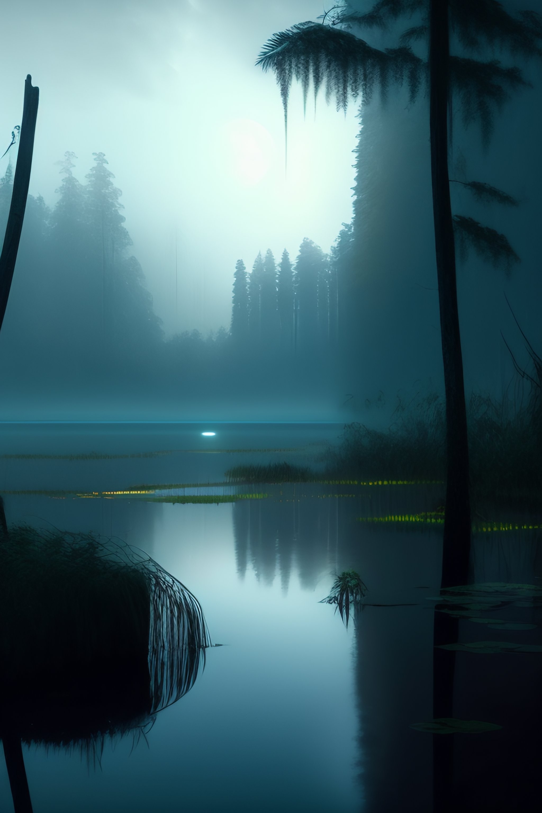 Lexica - Alone in the dark swamps at night , trending on Art station ...