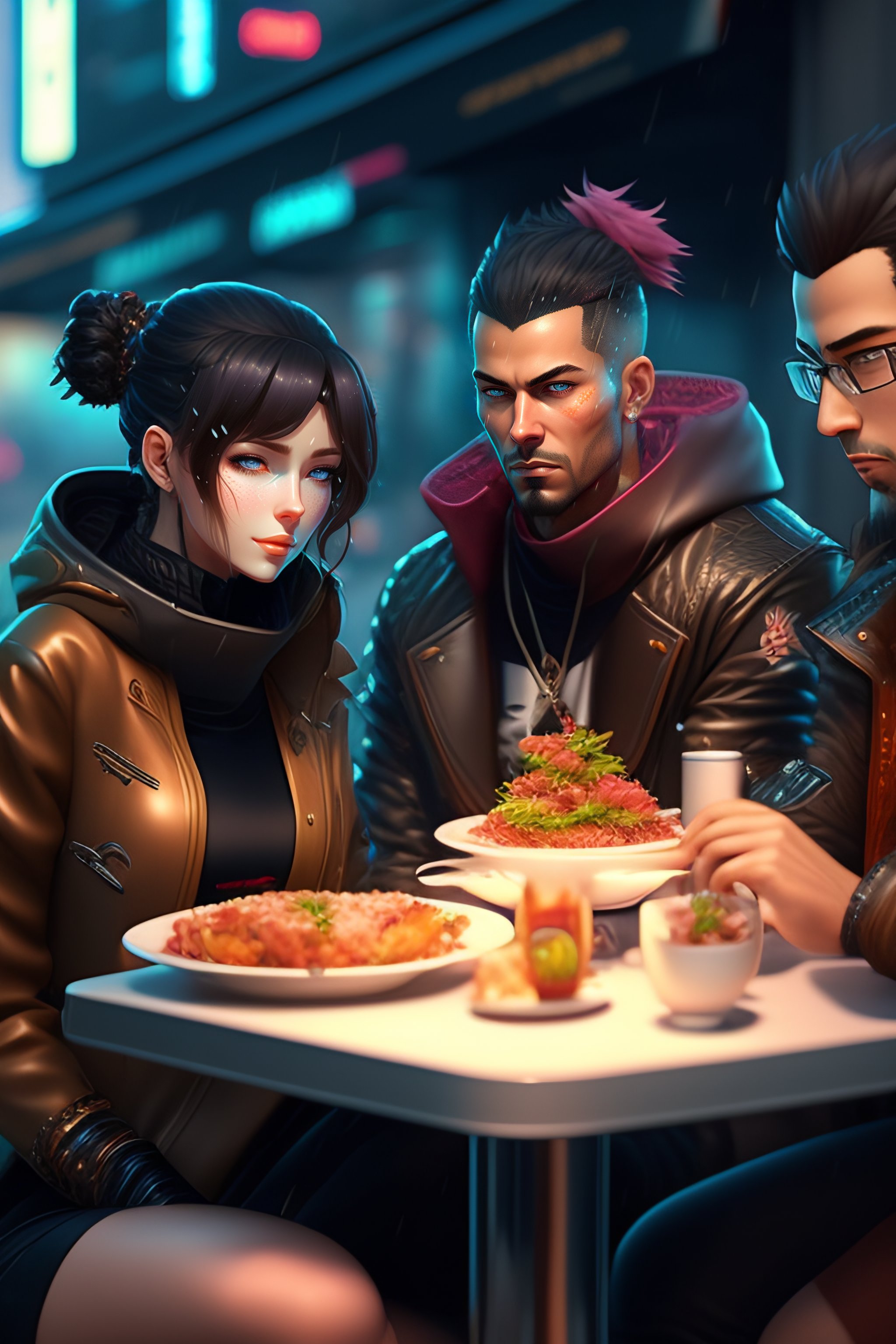 Lexica - A group of cyberpunk cyborg eating sushi on a table outside in ...