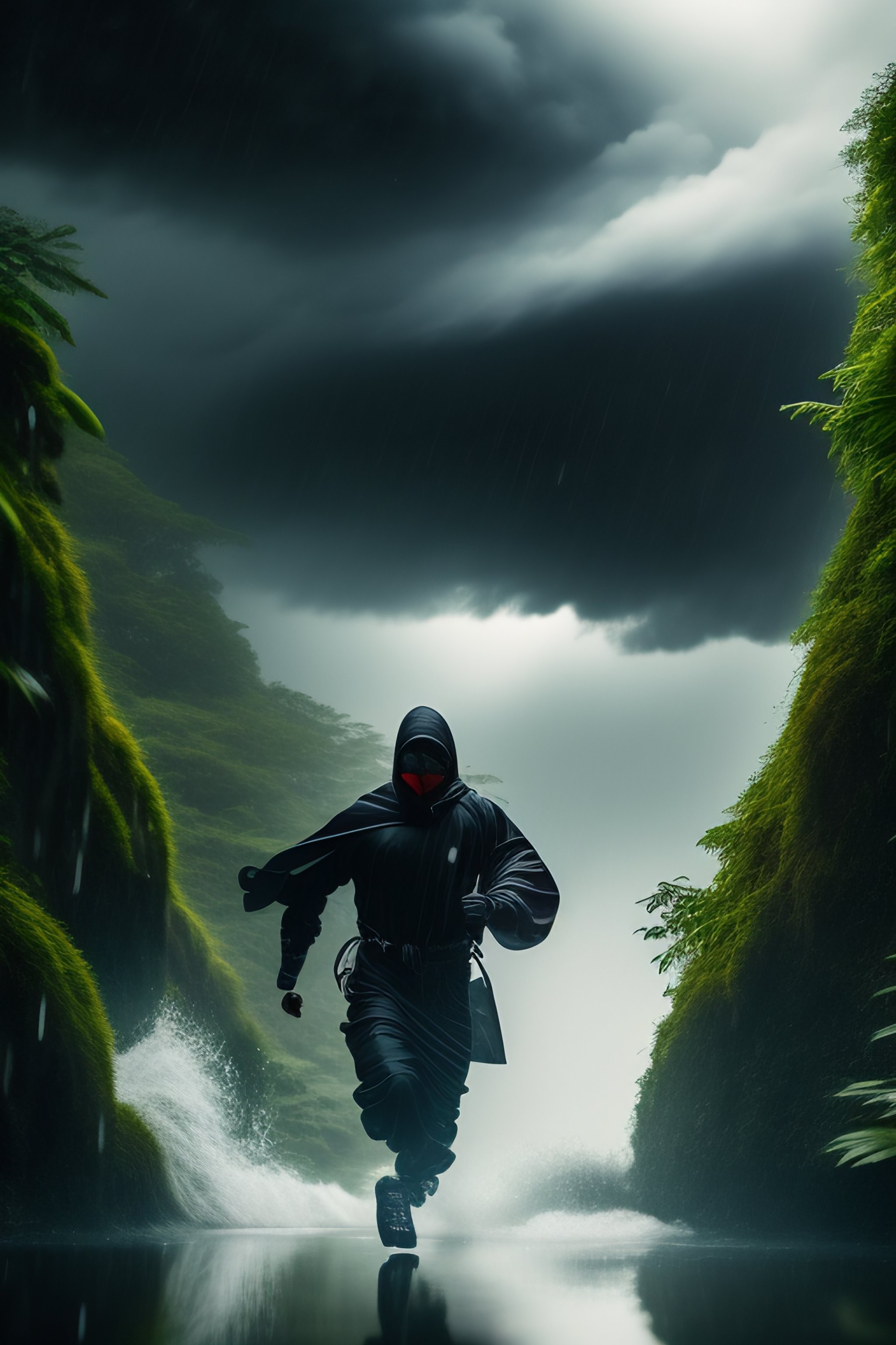 Lexica - Image of a black Ninja Assassin running in a stormy night rain ...