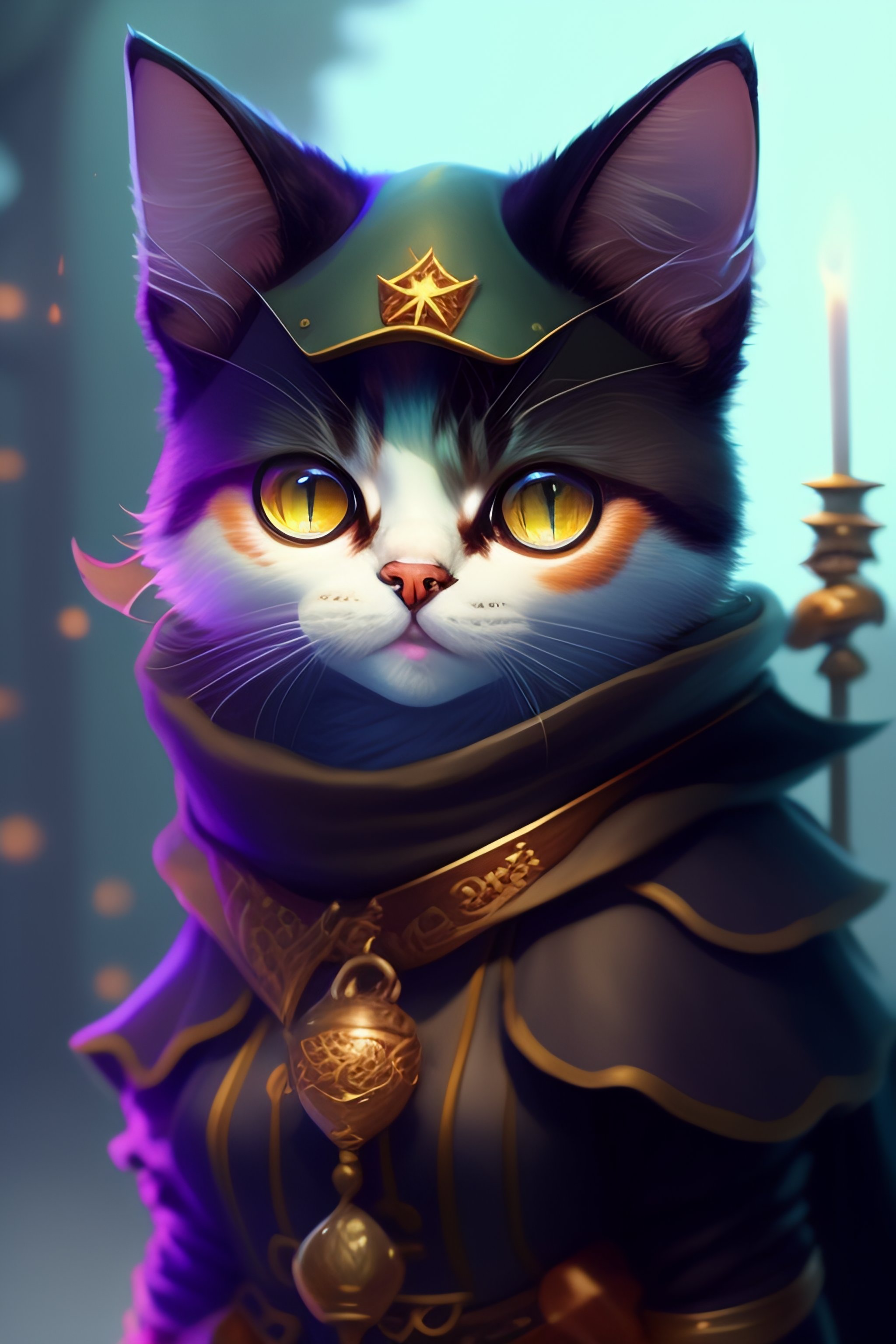 Lexica - Closeup of a cute cat witch with staff cloack and pack, D&D ...