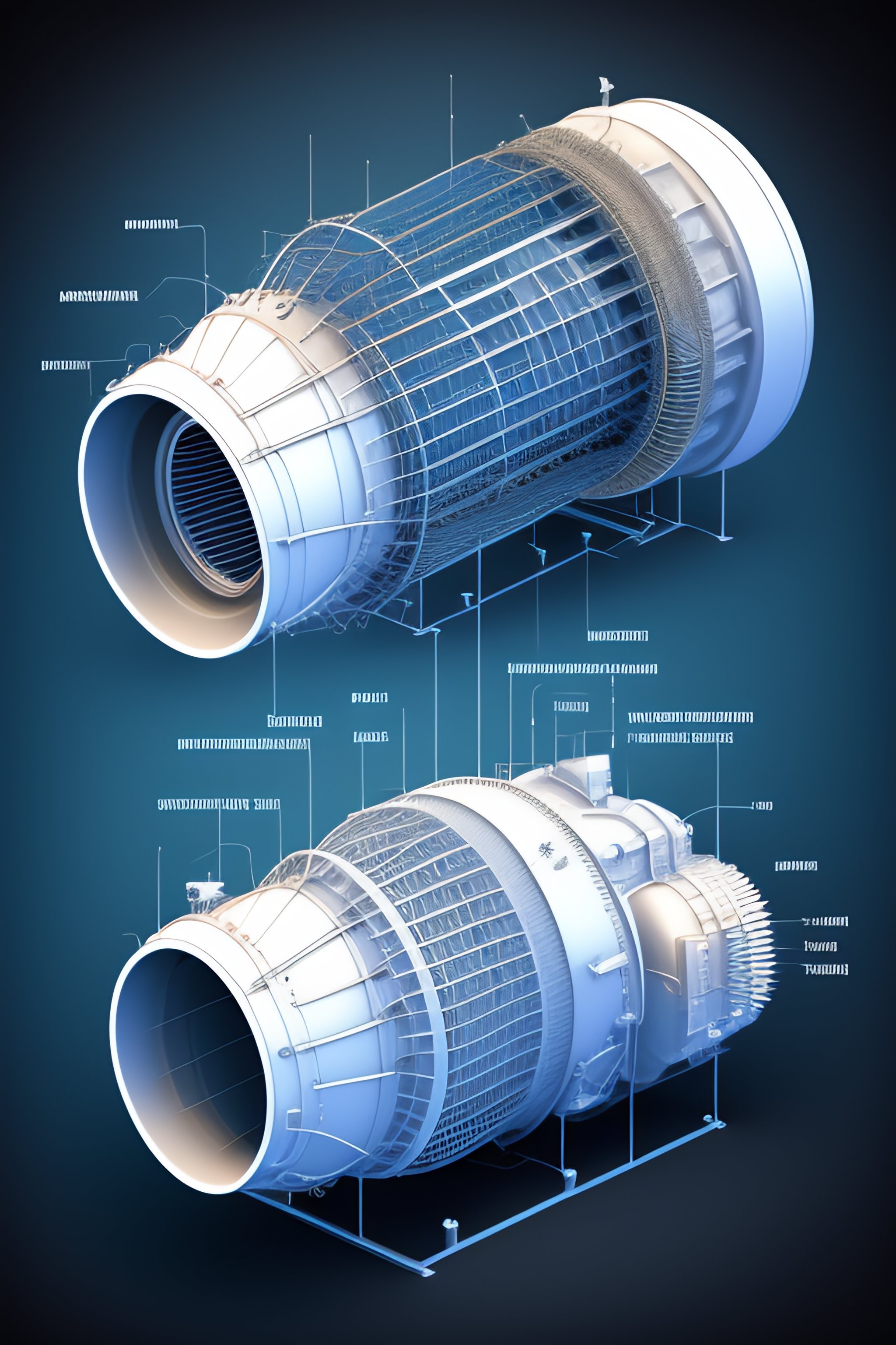 Lexica - Technical illustration: jet engine, wireframe, blueprint