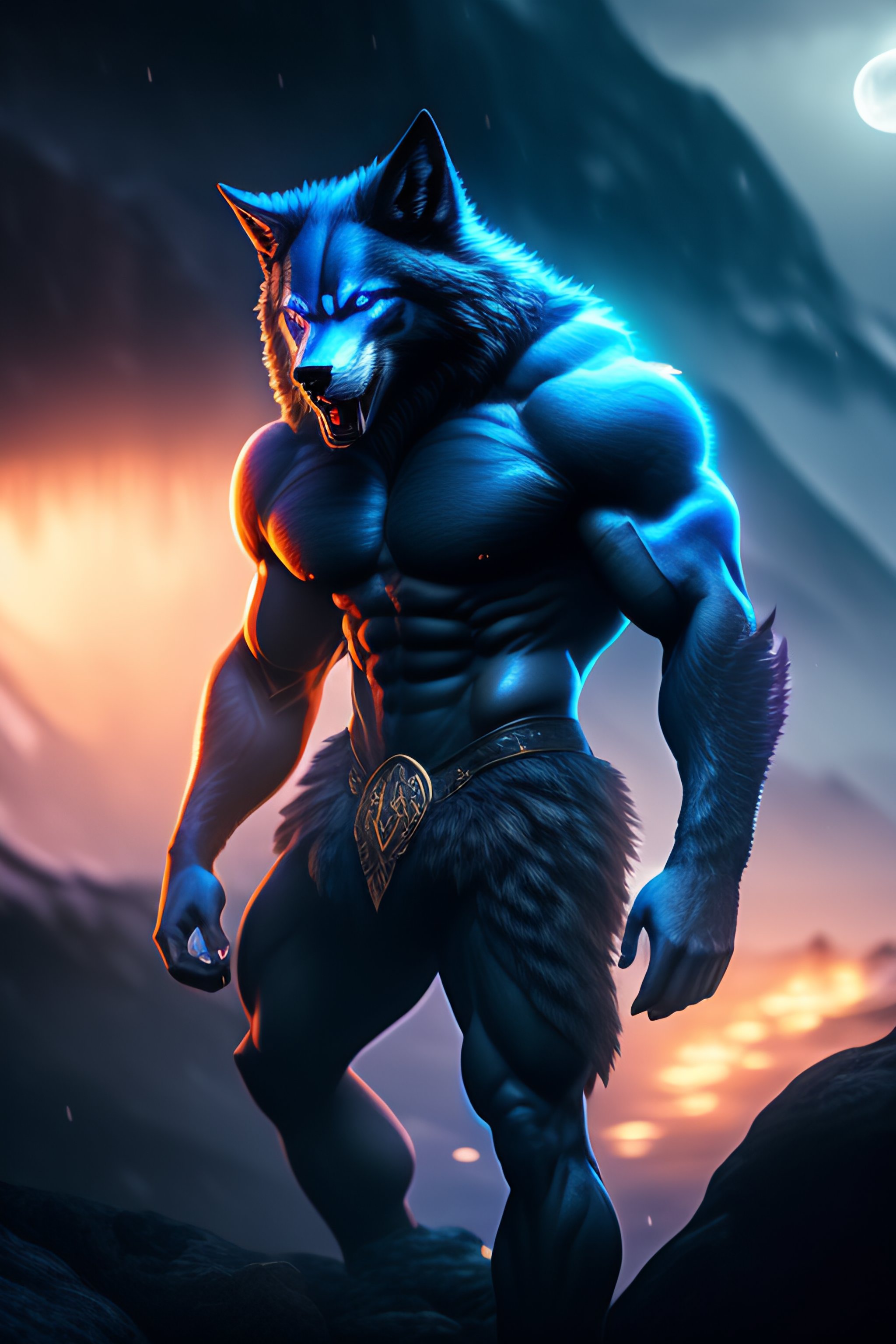 Lexica - Werewolf with lighting storm, bioluminescent glowing blue eyes ...