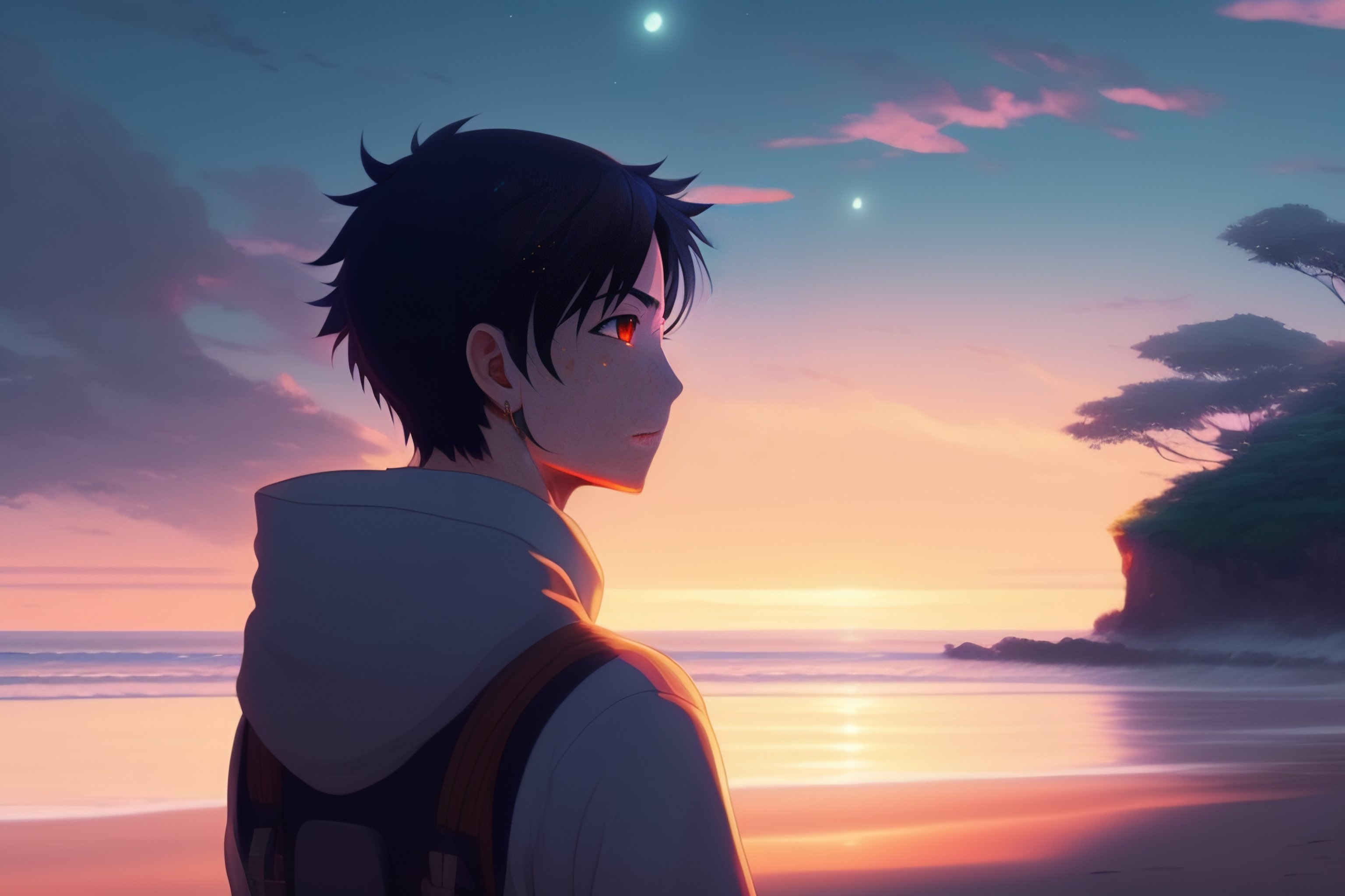 Lexica - Beautiful anime painting of back of a man from a far with dark ...