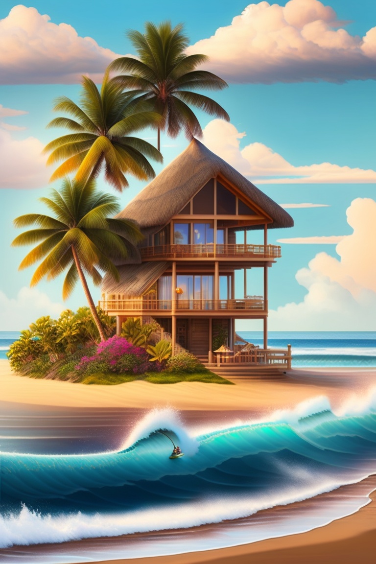 Lexica - A beach house, with a surf board, coconut trees, waves