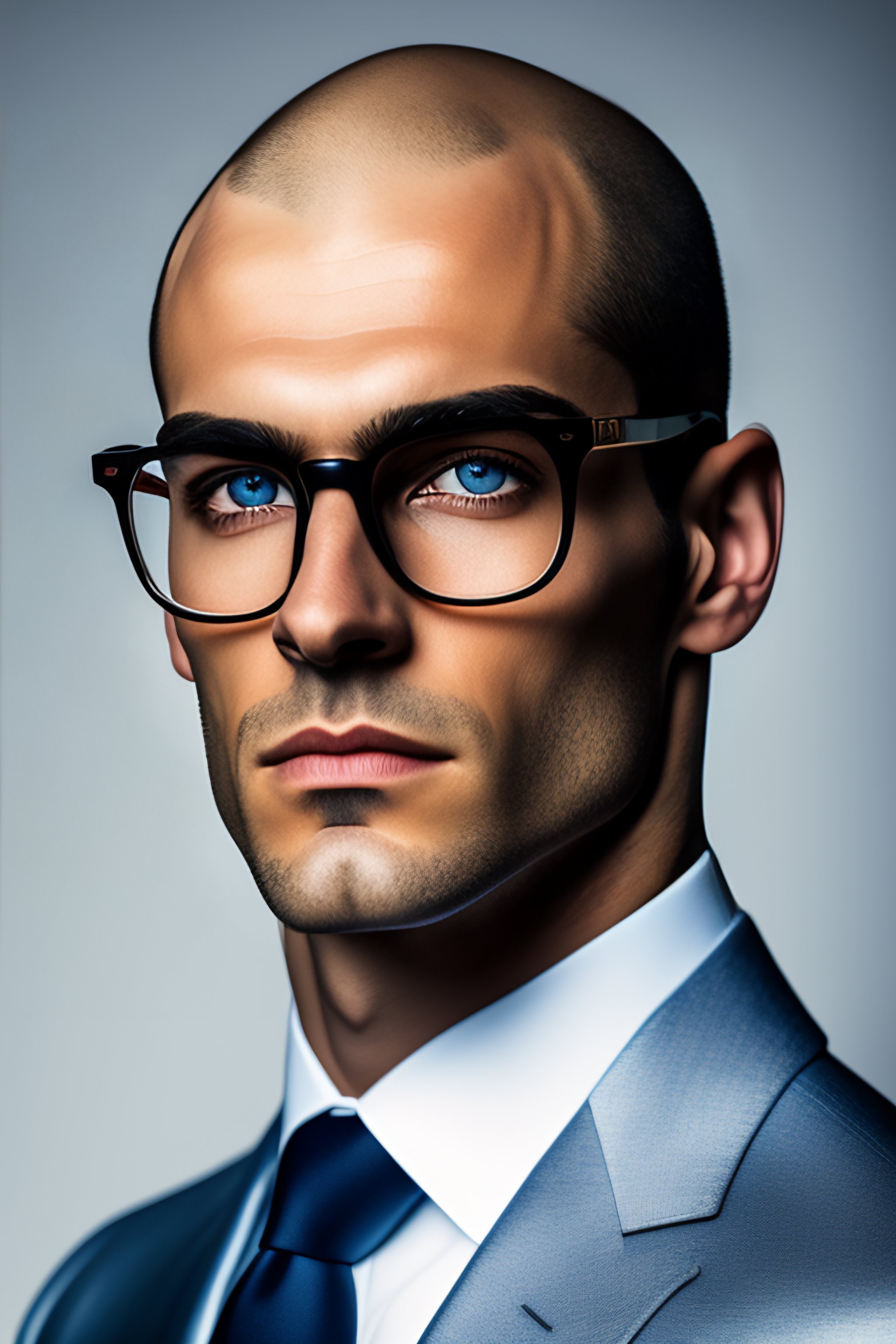 Lexica - A close-up profile photograph of a young, handsome, bald ...