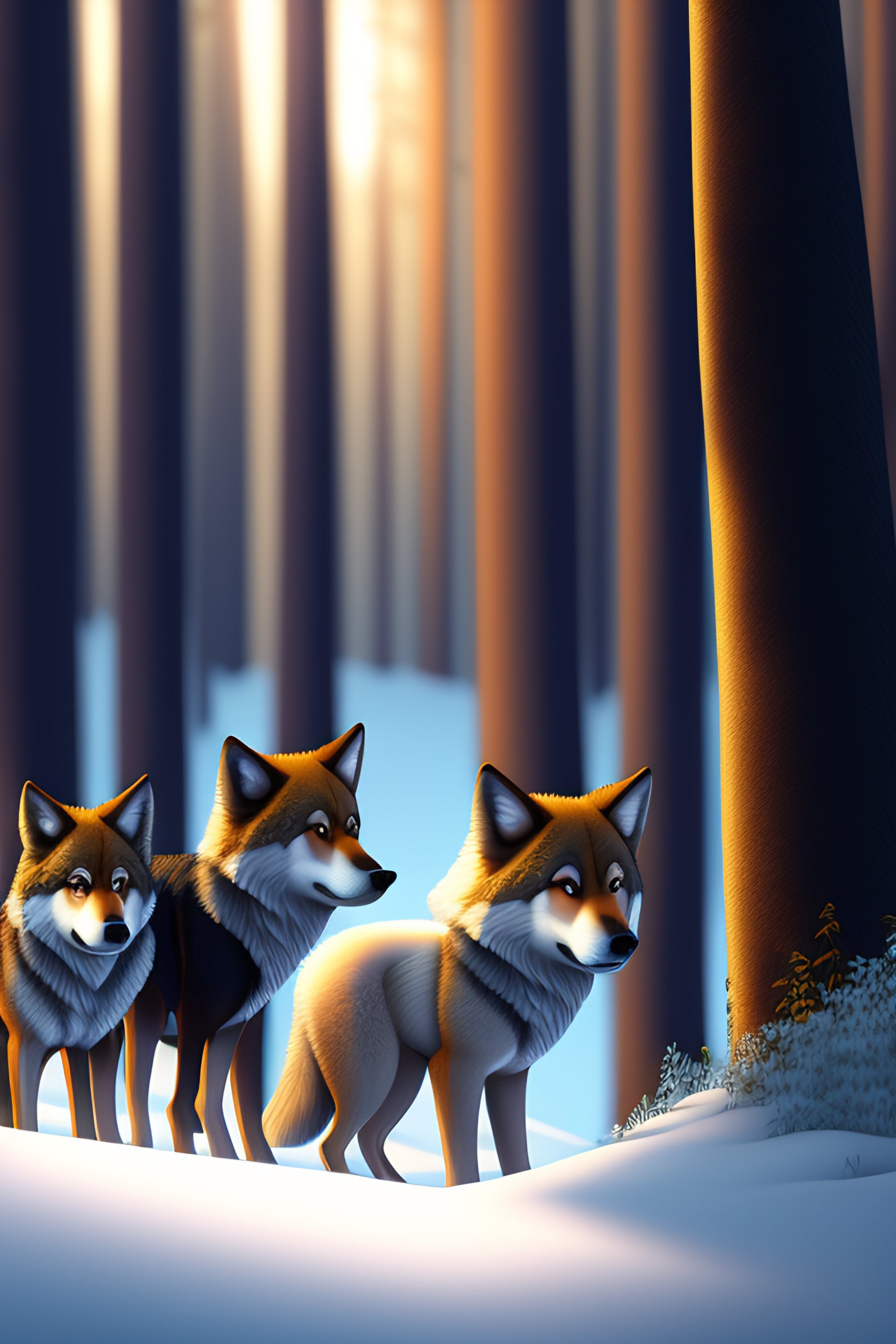 Lexica - Wide shot. A children book illustration about 3 little wolves ...
