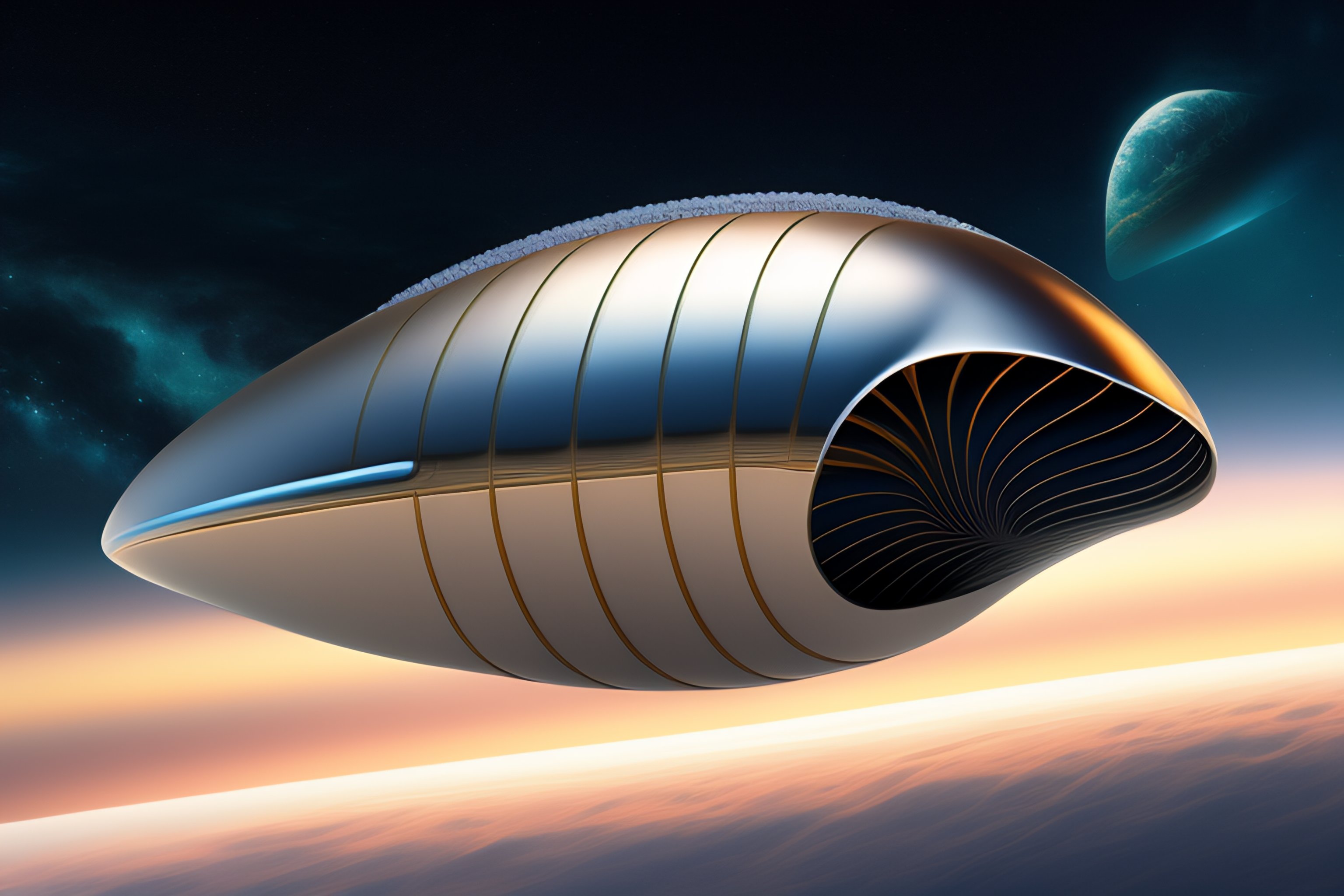 Lexica - Silver nautilus shell is a spaceship, it is flying, we can see ...
