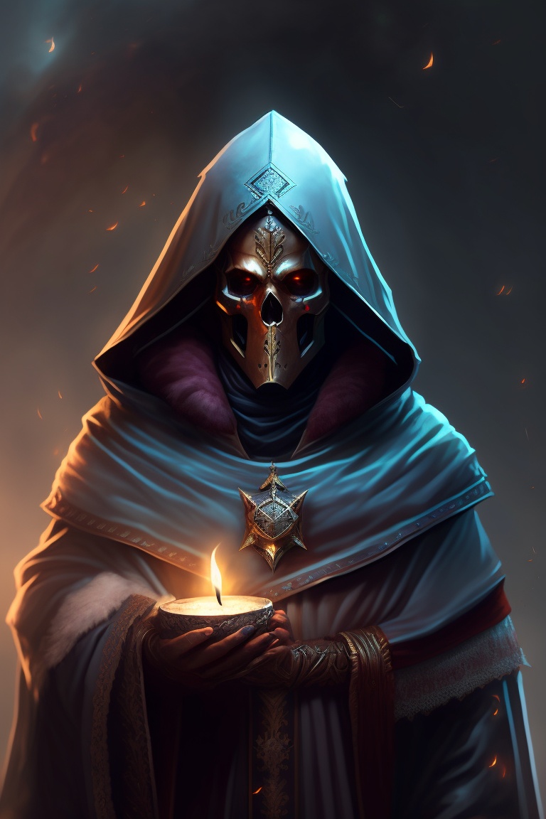 Lexica - Necromancer with a skull mask, hooded and with magic in his hands