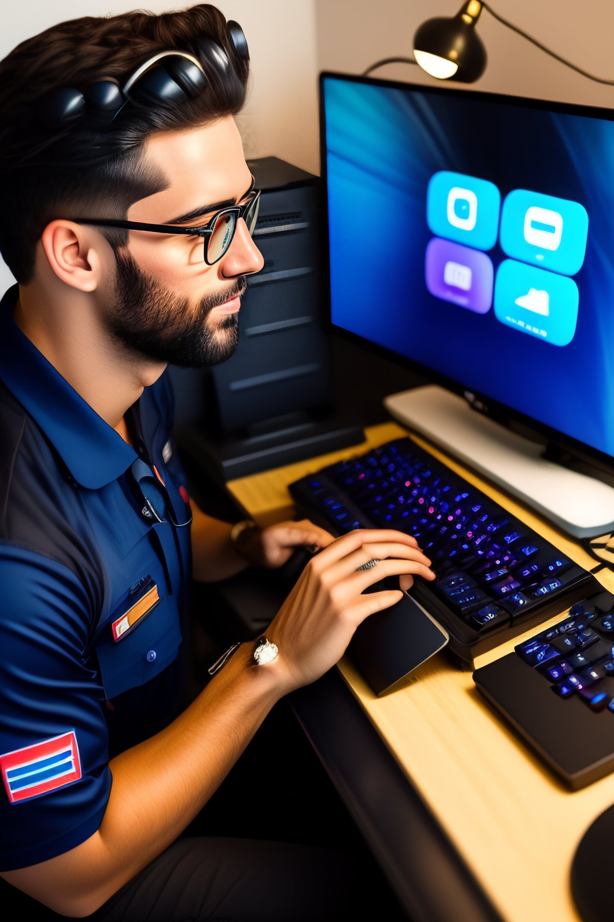 Lexica - Youtuber typing on a mechanic keyboard with 3 screens in front ...