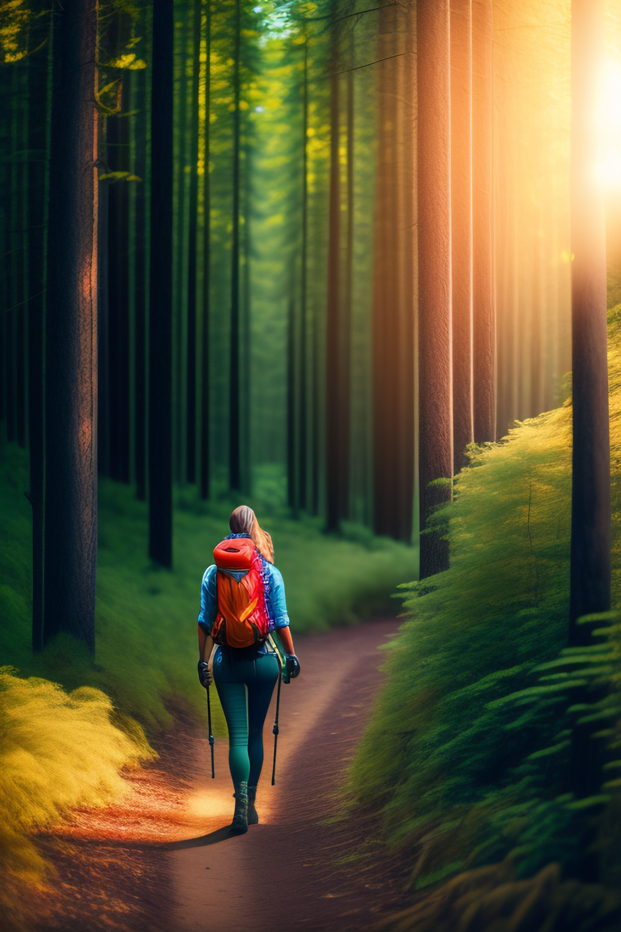 Lexica - A young pretty woman hiking across a clearing in the spring ...