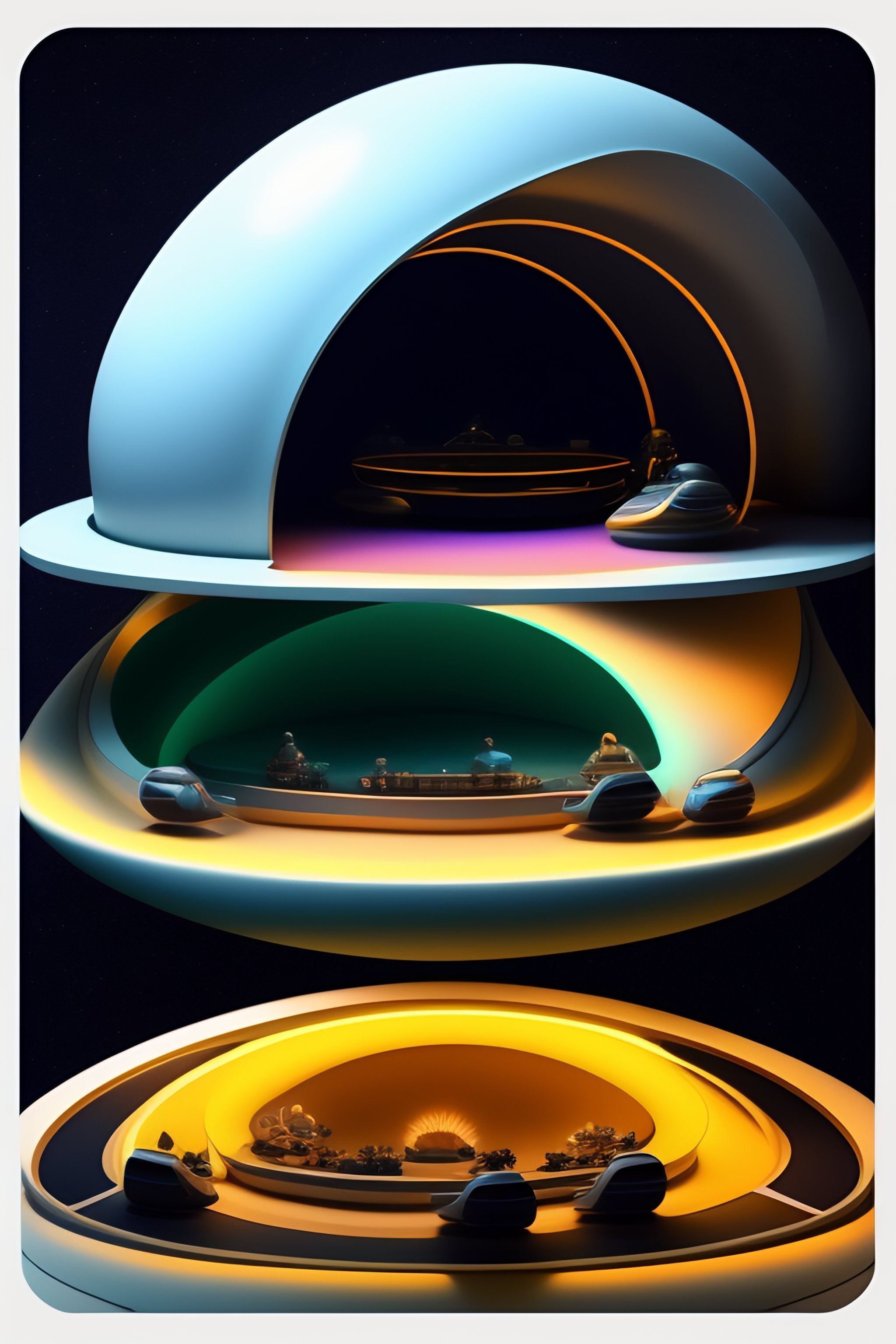 Lexica - Cozy,torus shaped spaceship, lab, five scientist, one scientist sleeping in the middle ...