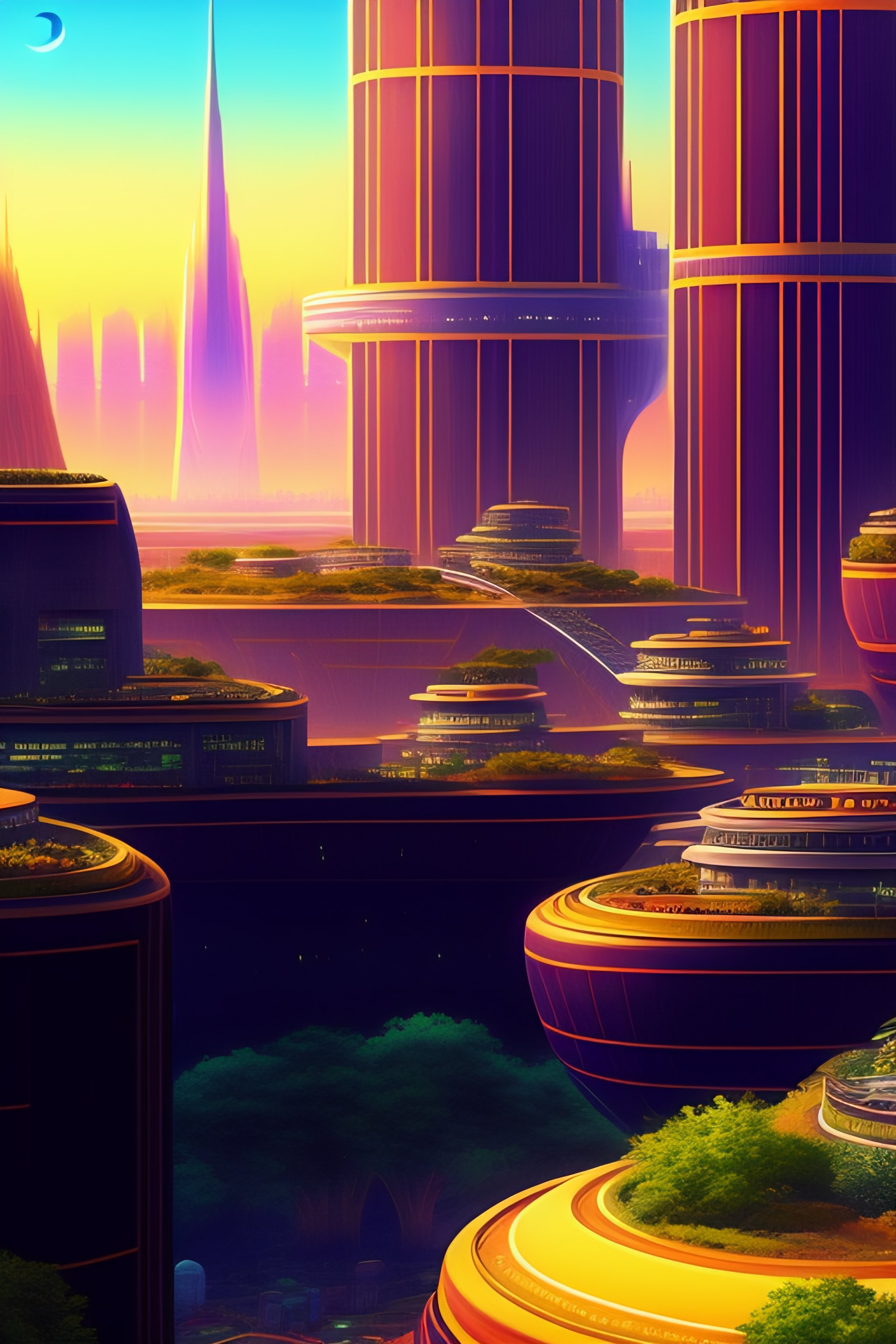 Lexica - A realistic Solarpunk utopian cityscape, from the roof, tall ...