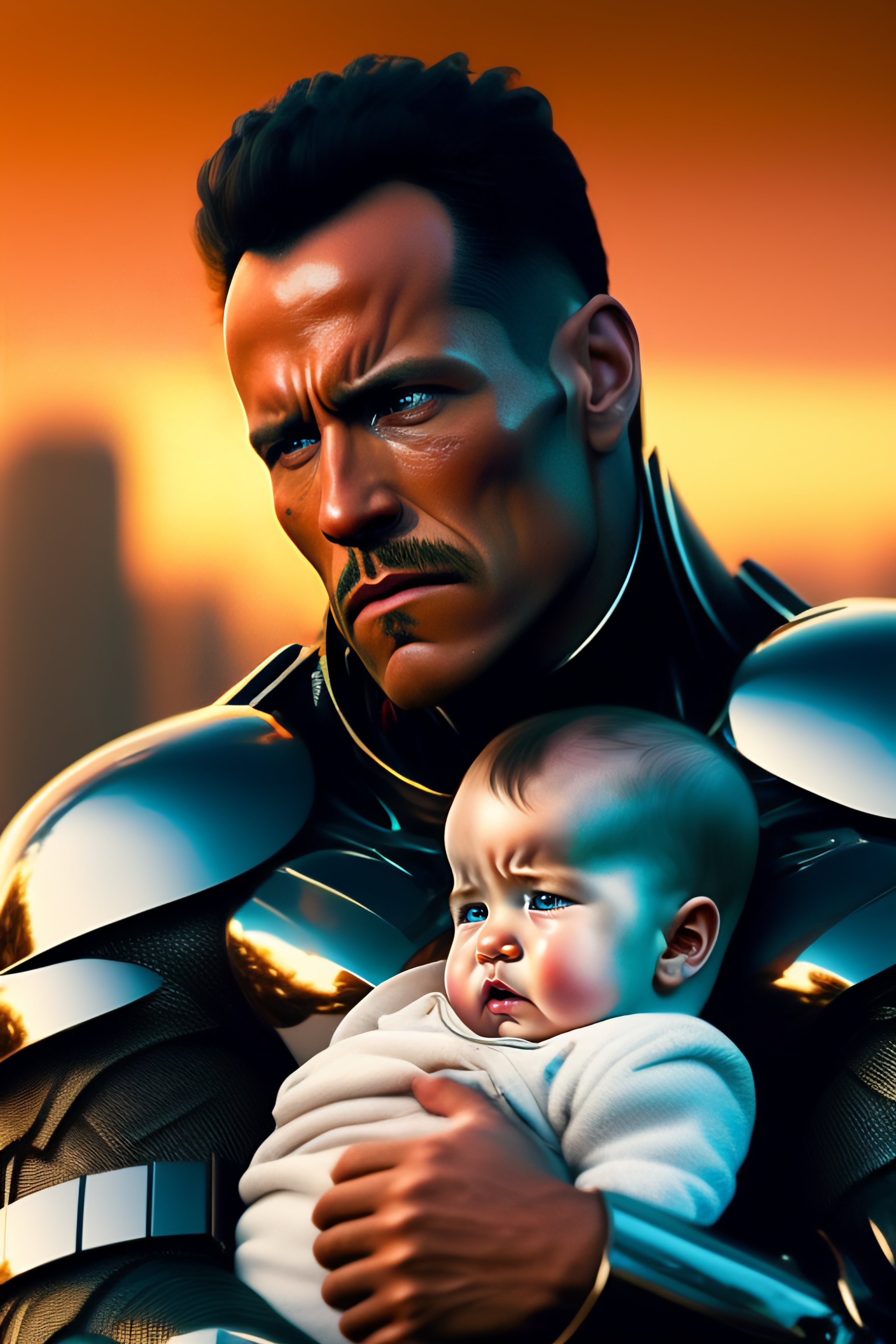 Lexica - A chrome cyborg holding a crying baby, Bellinski