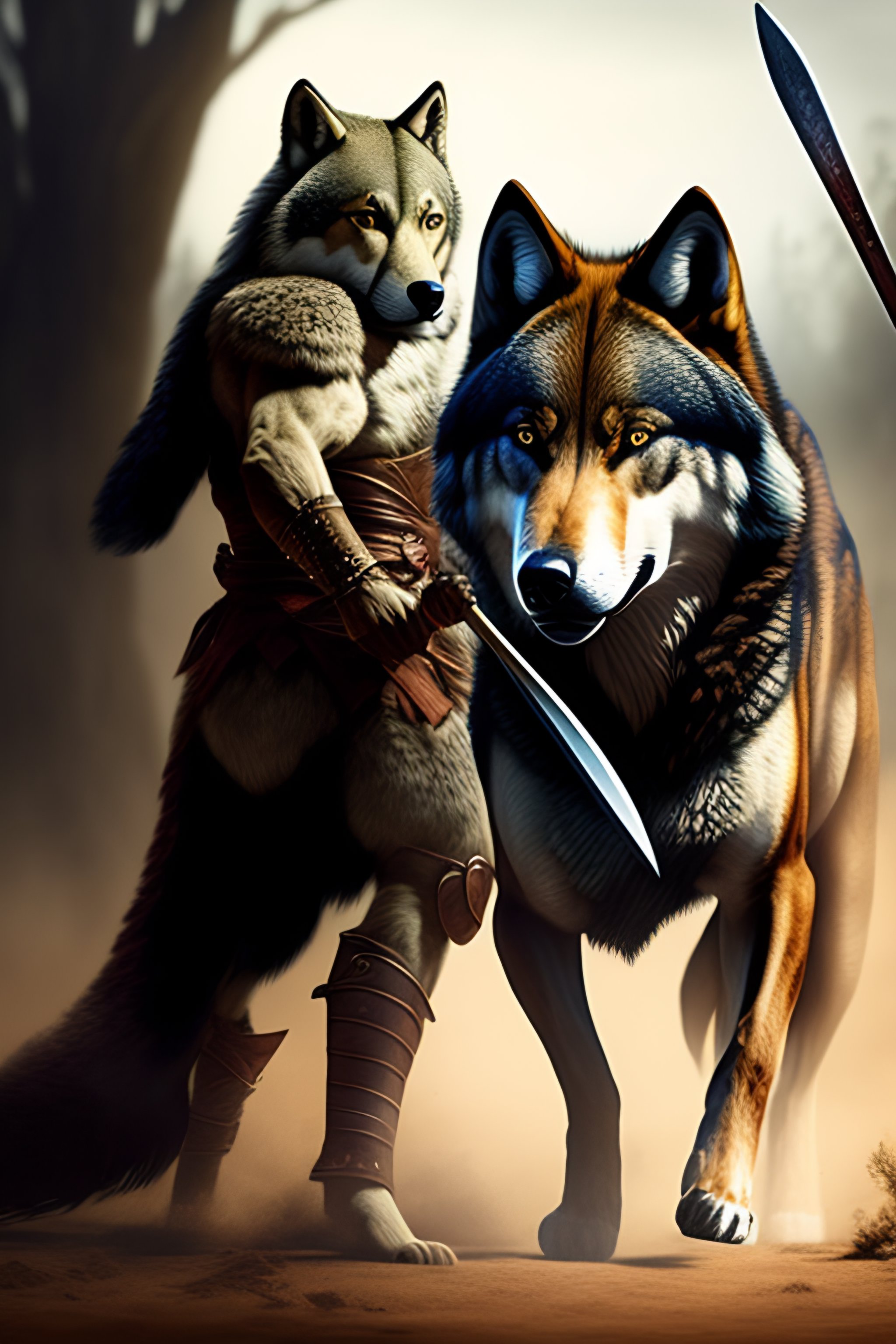Lexica - A warrior fighting a wolf with a spear, primitive times ...