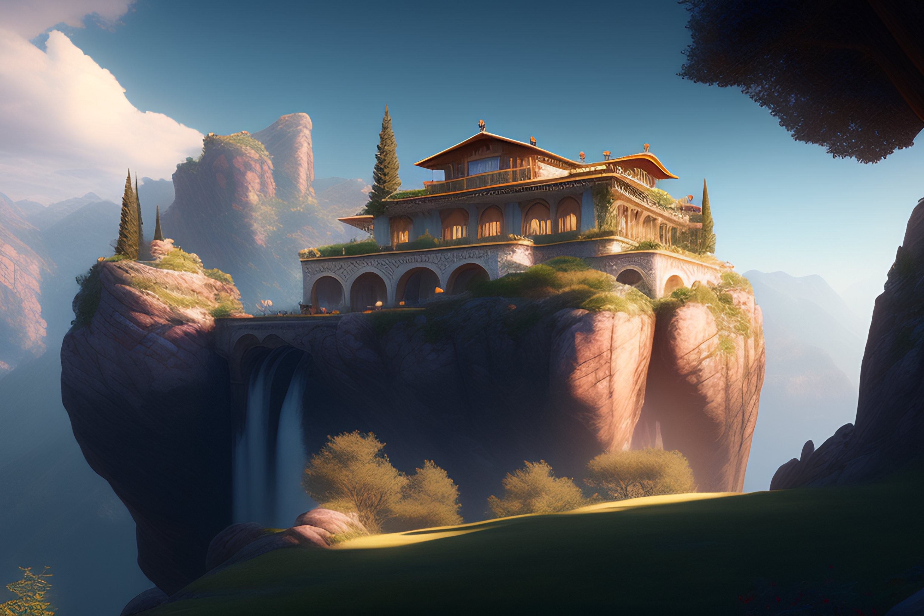 Lexica - Italian villa high on a mountain cliff over a wide valley ...