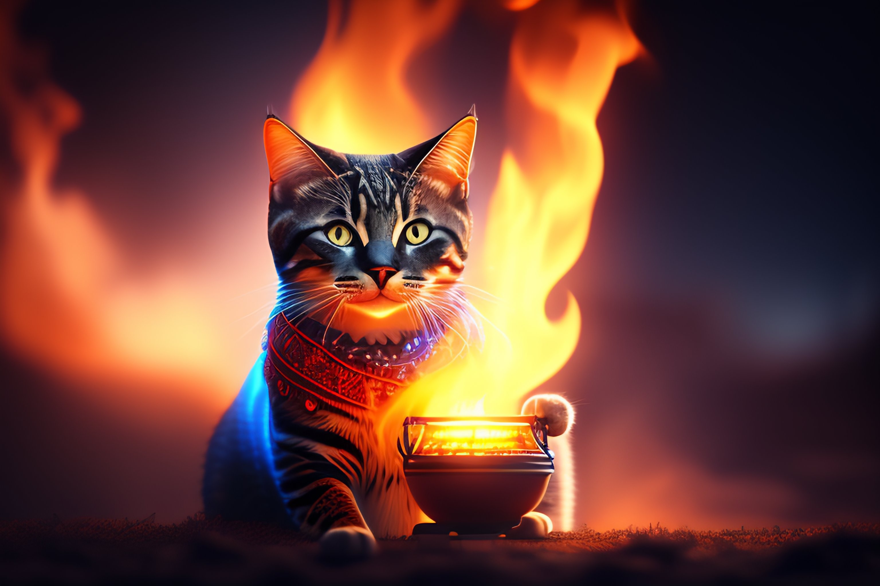 Lexica - Shaman humanoid cat dancing with a tambourine, fire, northern ...