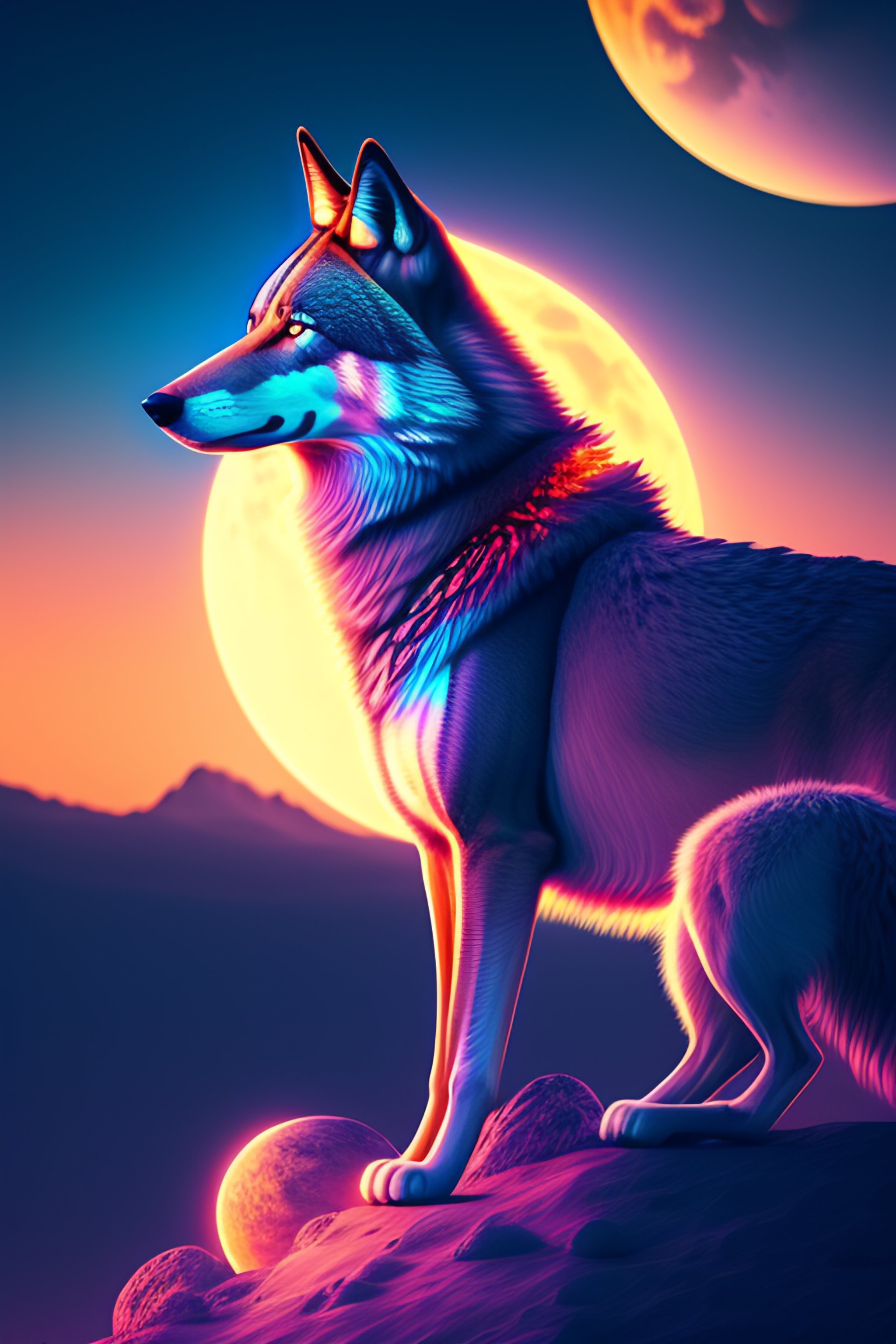 Lexica - A robotic wolf with vibrant lighting, sitting on the moon ...