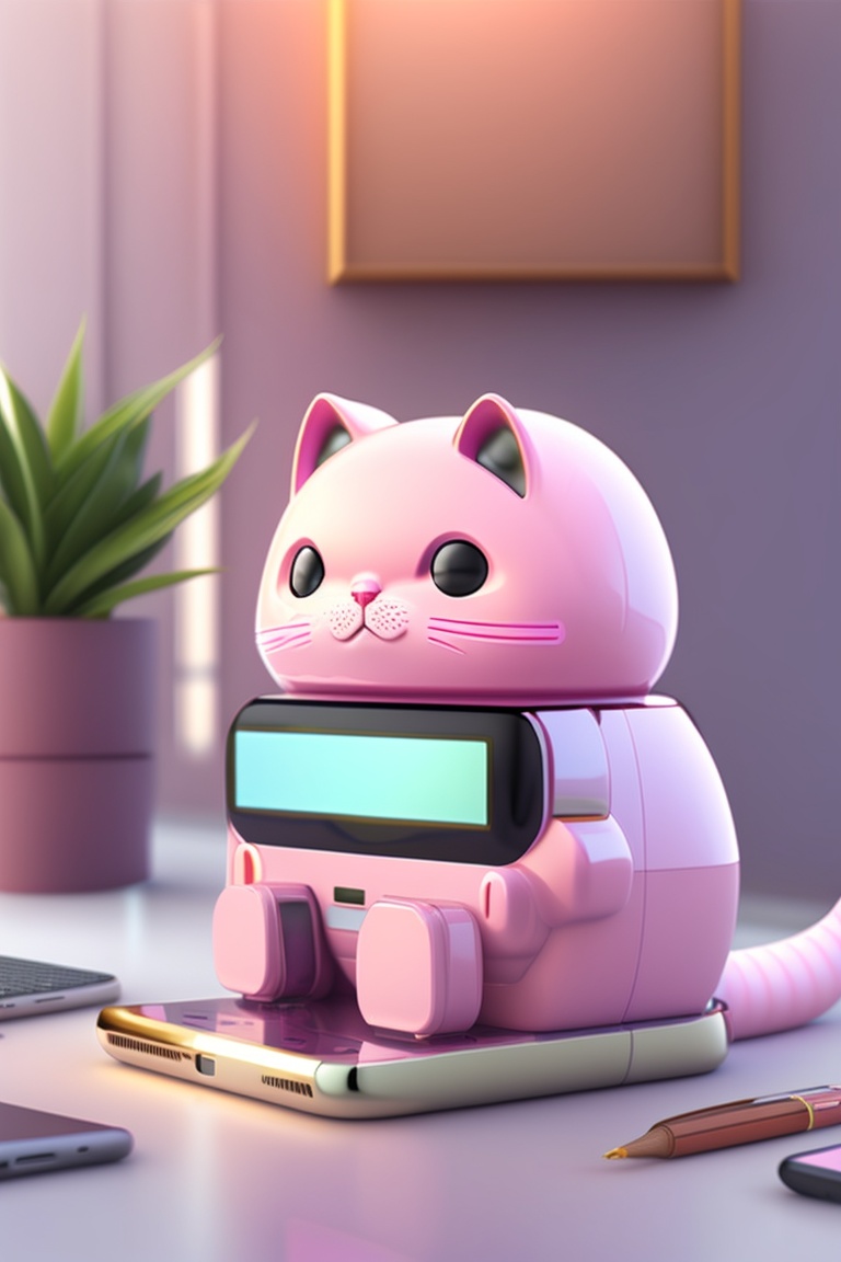 Lexica - Soft Pink cat robot working on a smartphone, office background