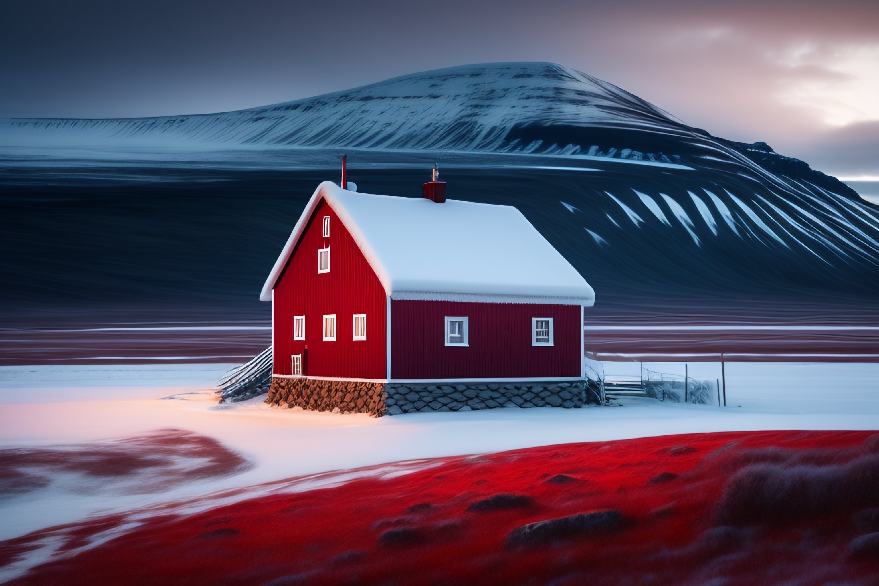 Lexica - A cold landscape with a red house, iceland, snow, ice, cold ...