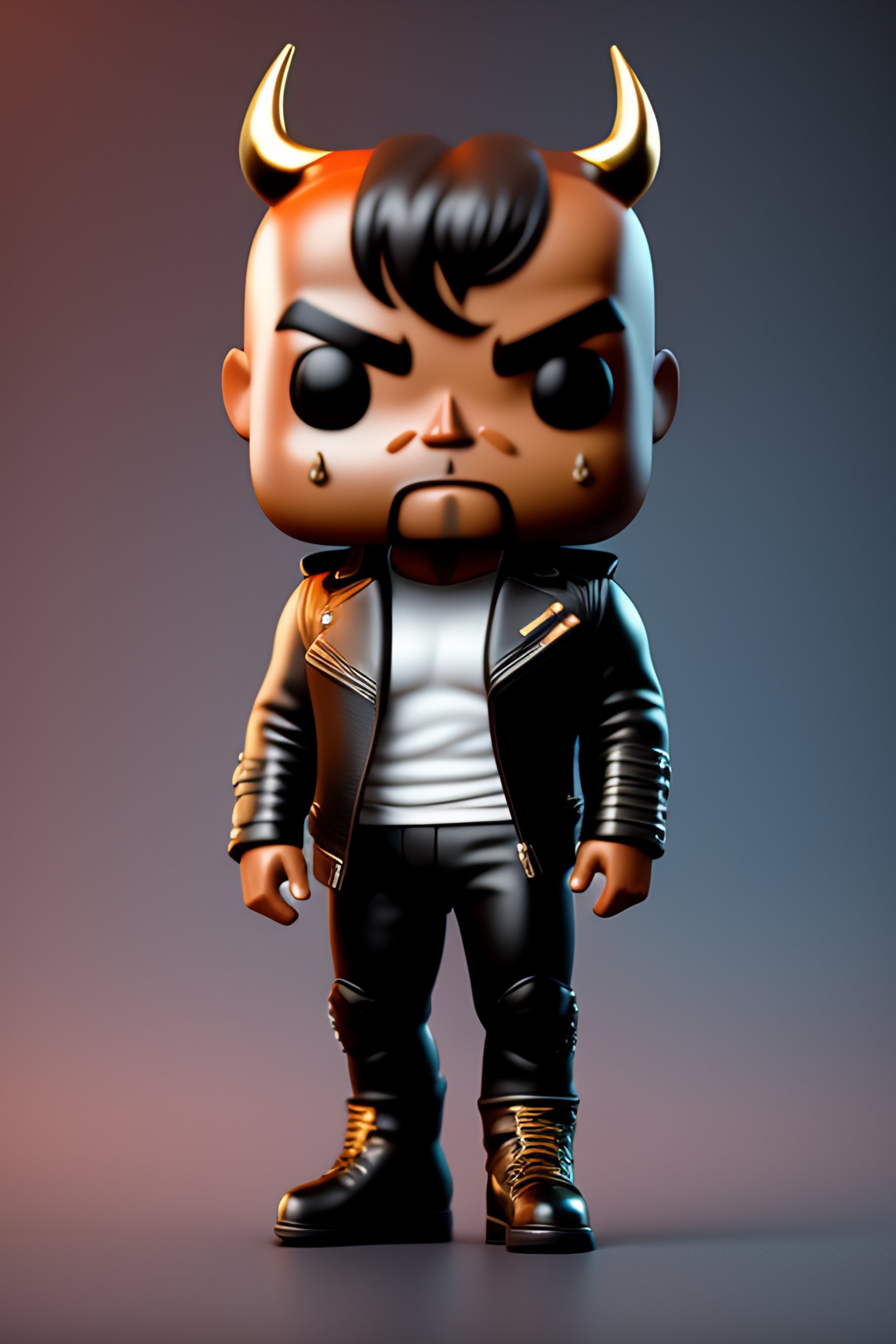 Lexica - Full body 3d octane render of funko pop bull in a leather jacket