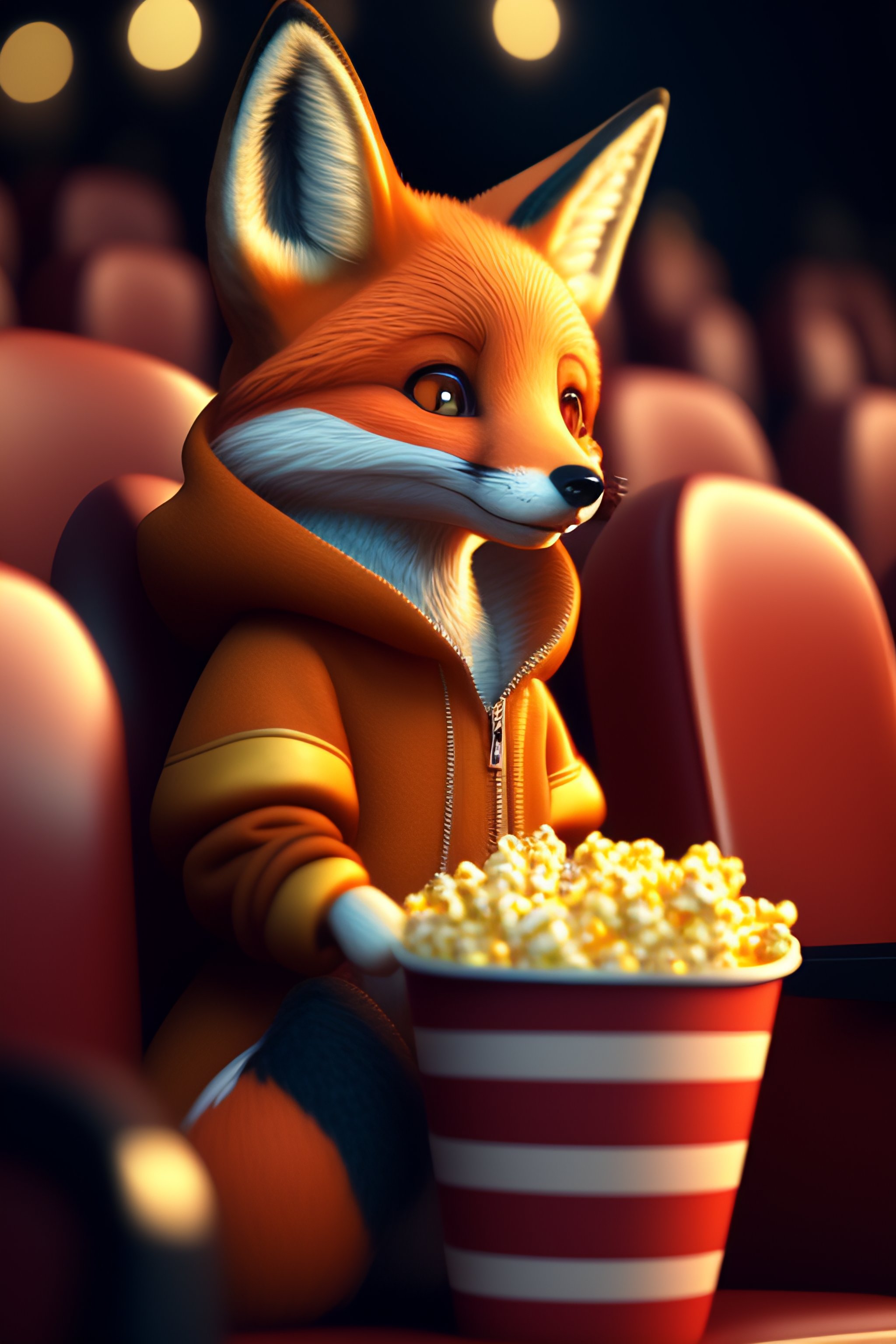 Lexica - Cute small humanoid Fox woman sitting in a movie theater ...