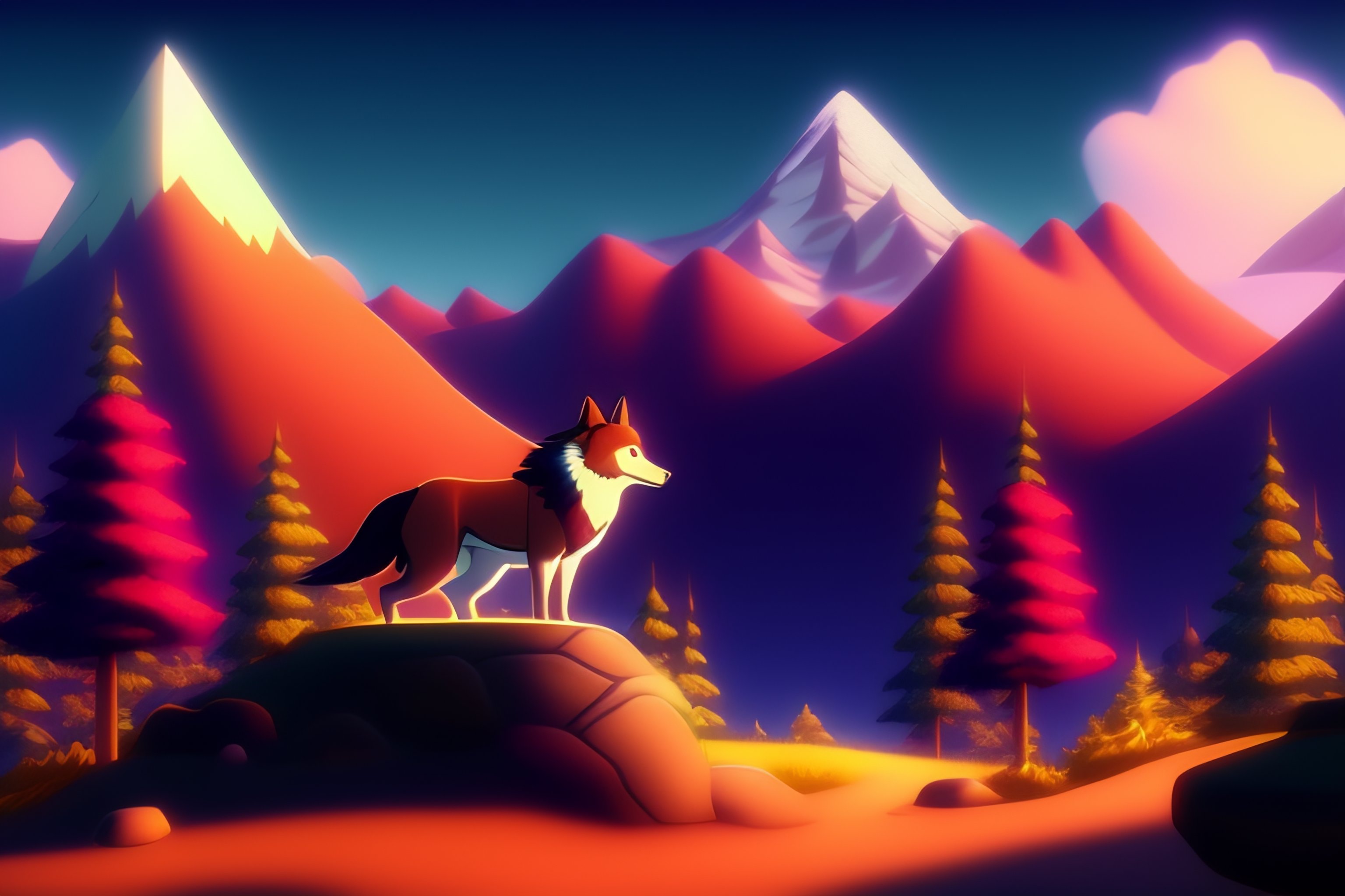 Lexica - Forest and mountain, on the mountain - howling wolf, in PIXar ...