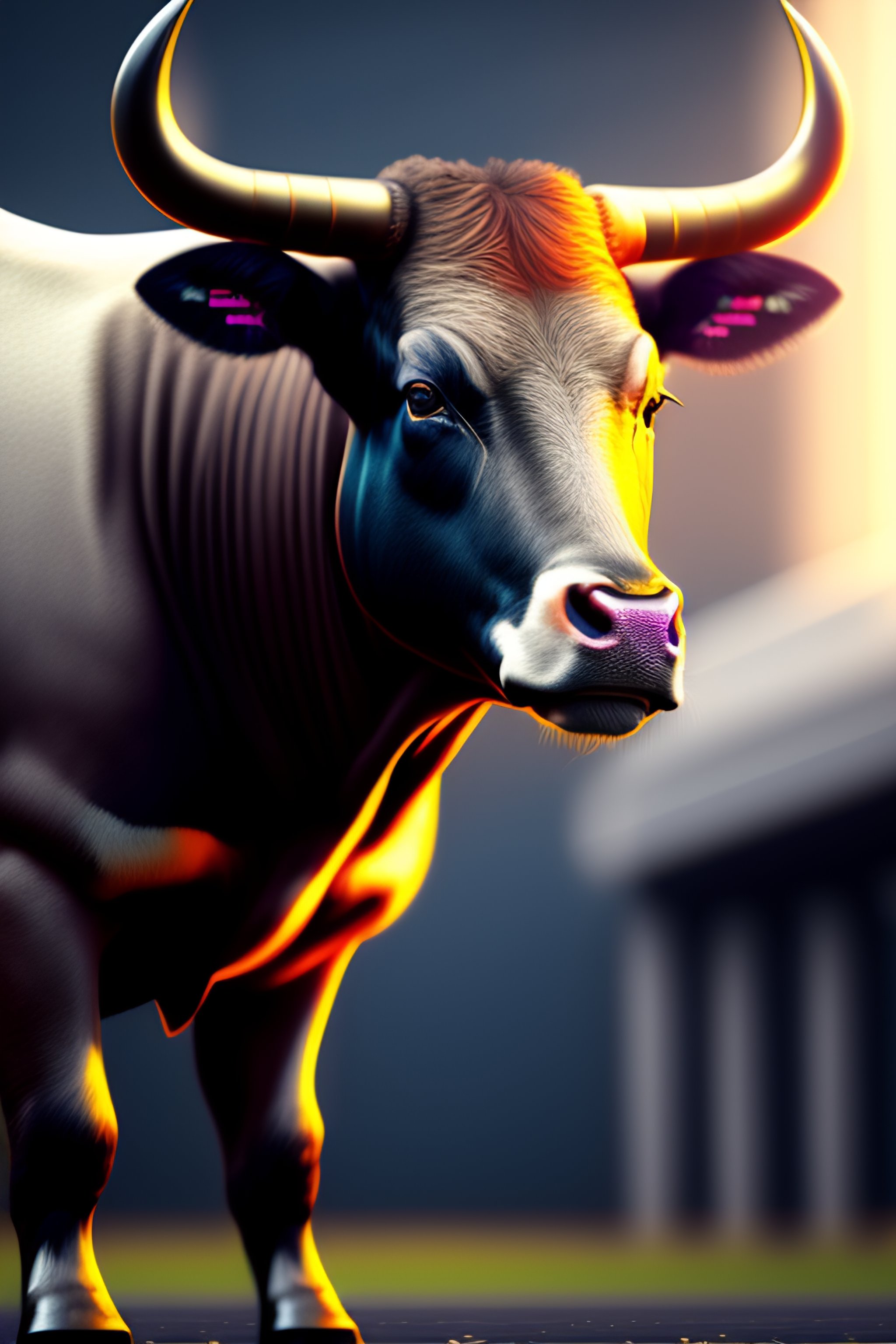 Lexica - Realistic render of bull, cyberpunk style
