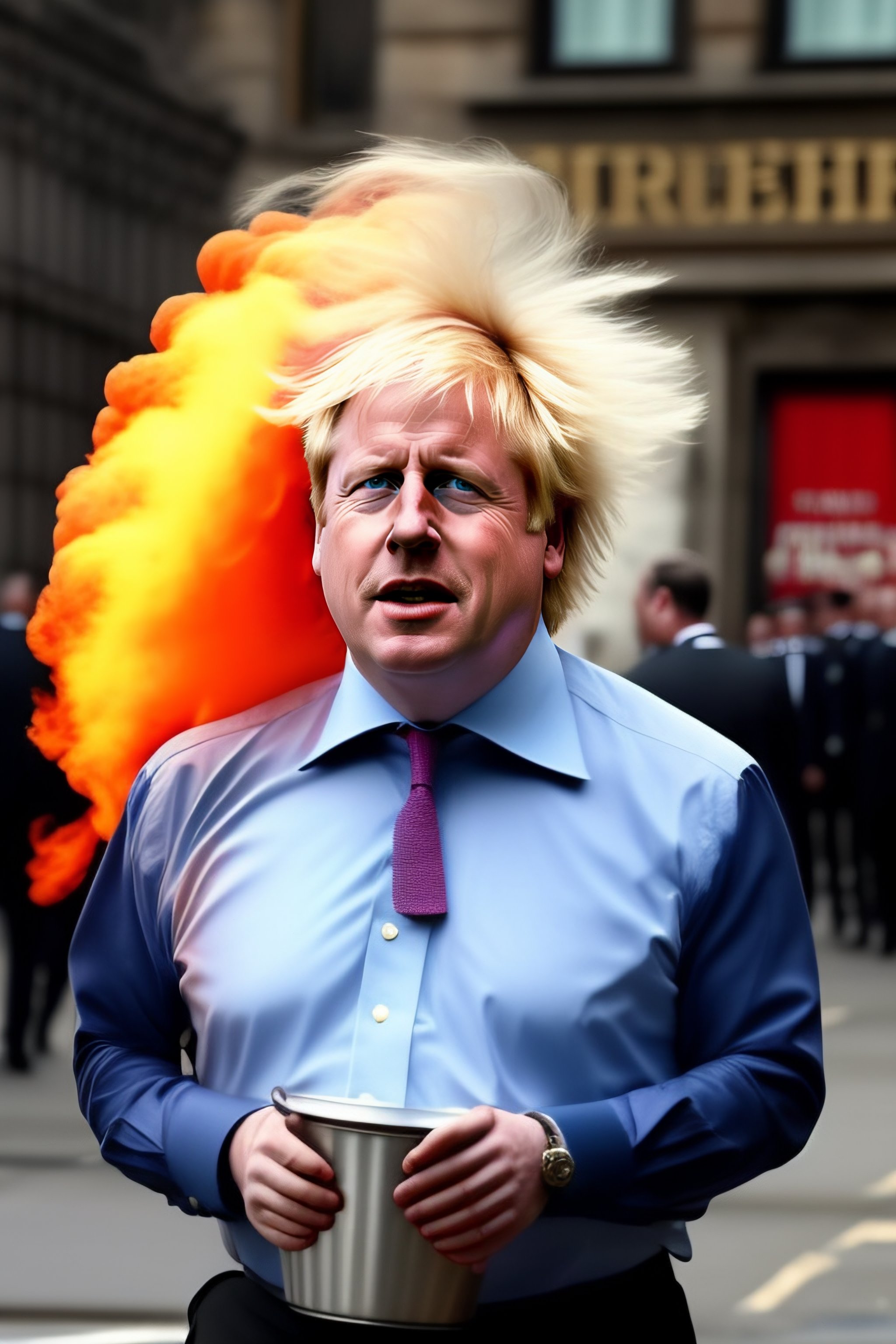 Lexica - Boris Johnson aged 80 with hair on fire and one foot in a bucket