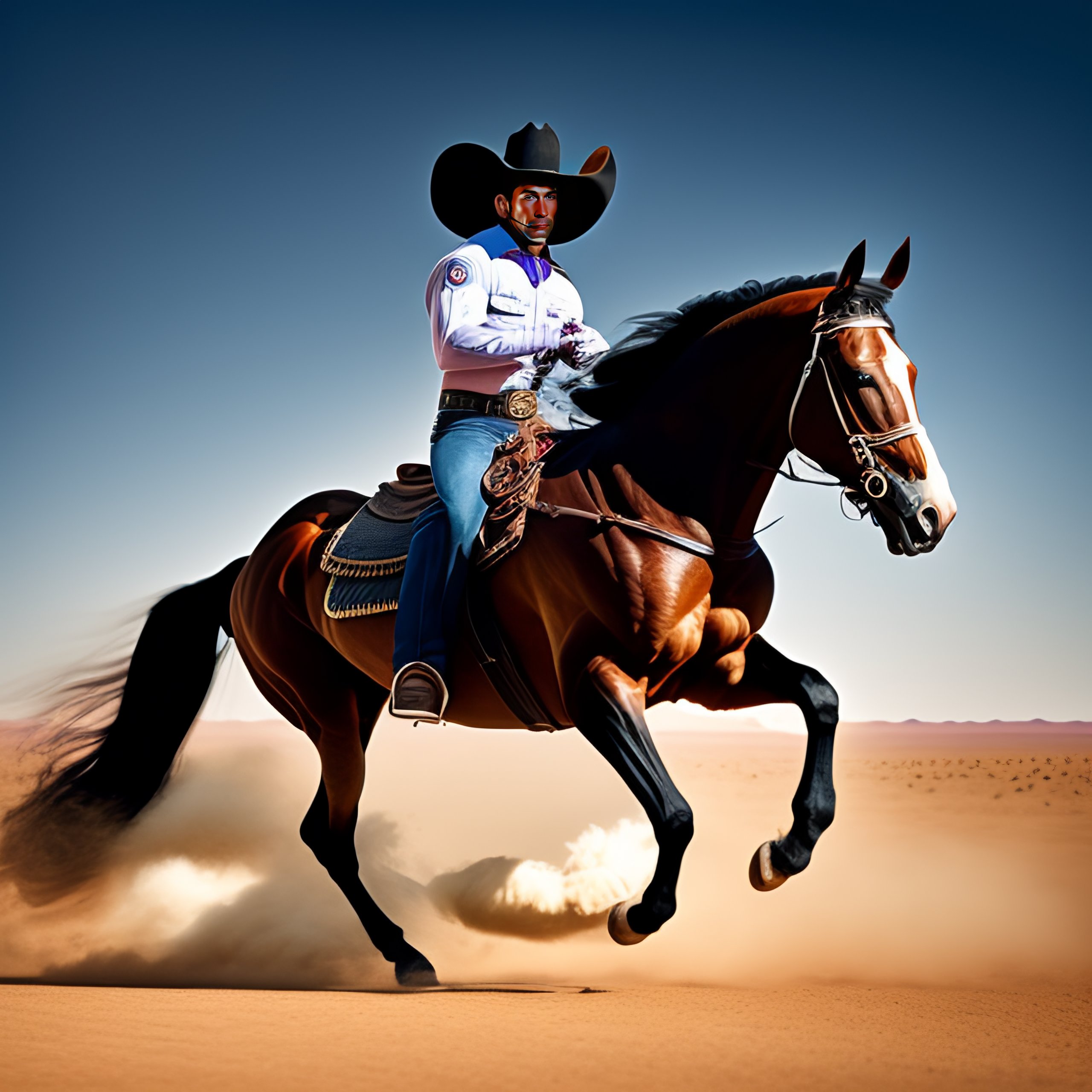 Lexica - Muscular Cowboy on a mustang horse while aiming a pistol