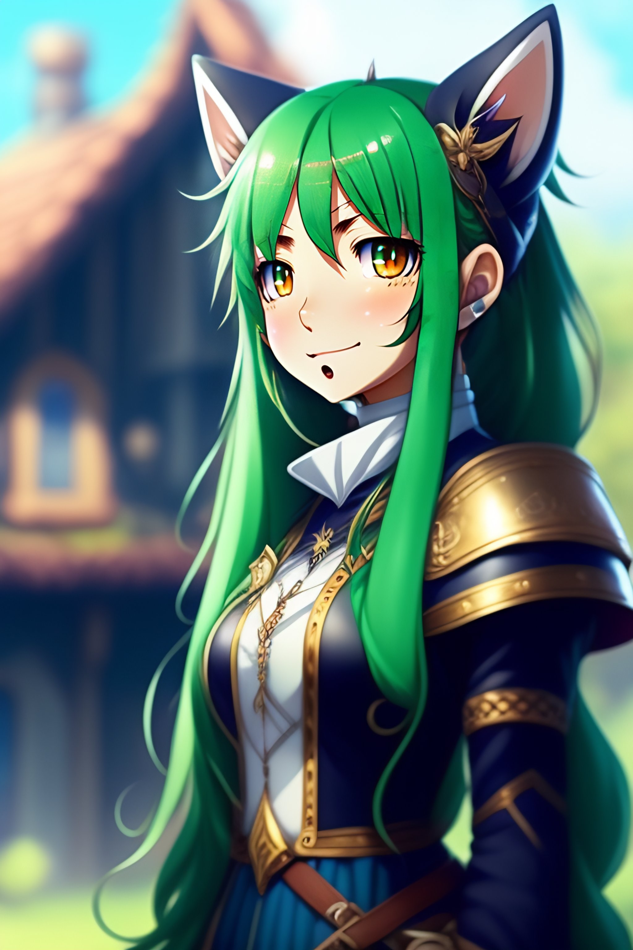 Lexica - Cute anime girl, long hair, green eyes, blue hair, house in ...