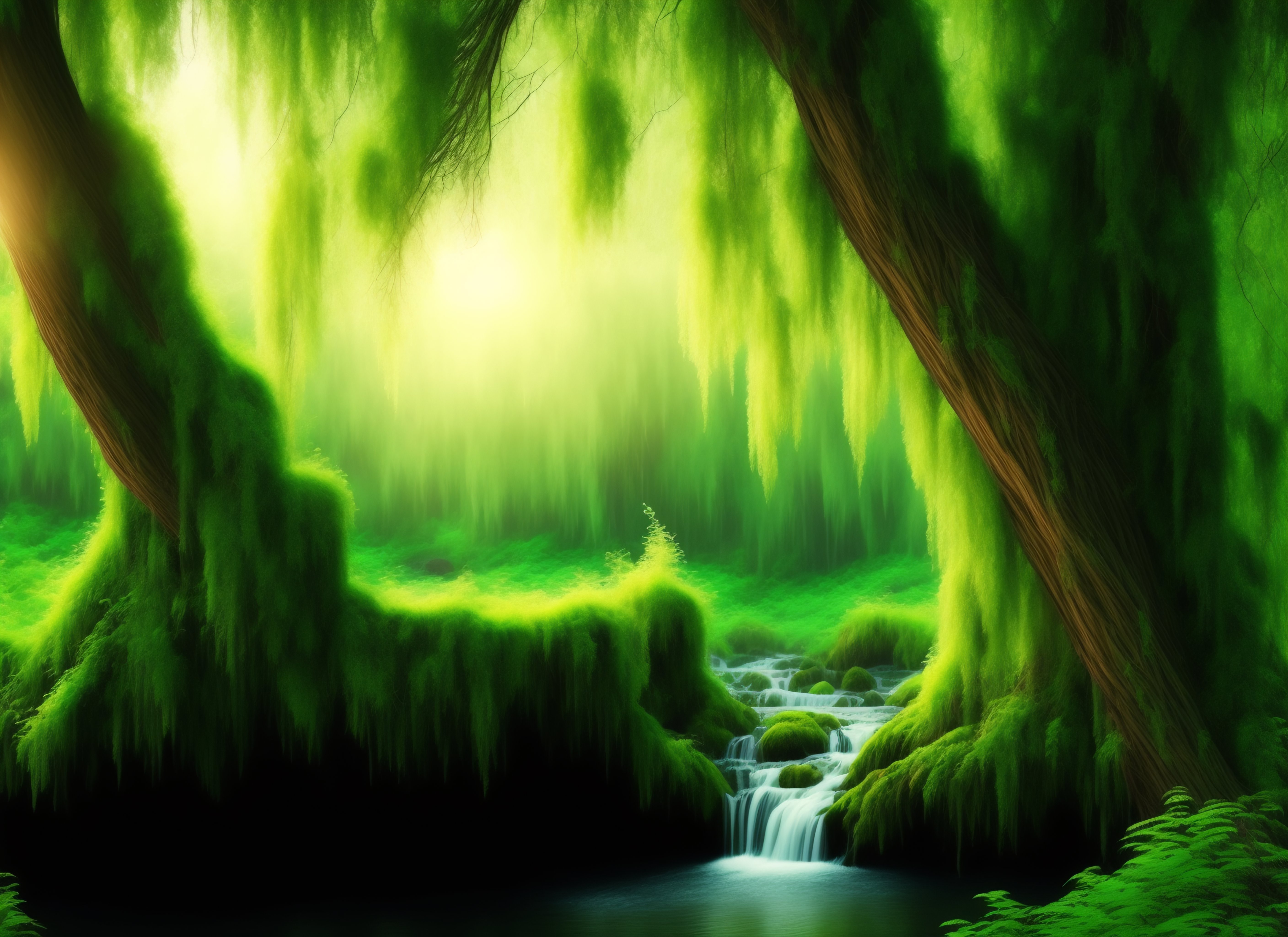 Lexica - A detailed photo of a green forest, vines, weeping willows, moss, realistic