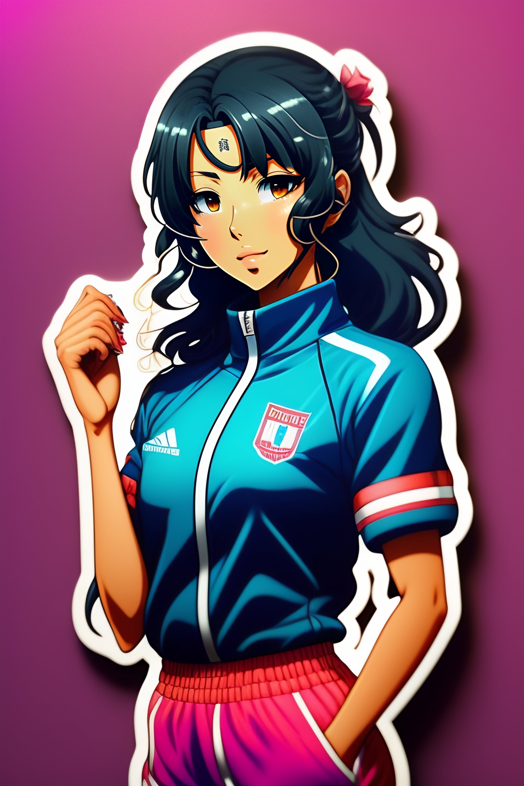 Lexica - Anime woman wearing track suit, sticker, solid background color