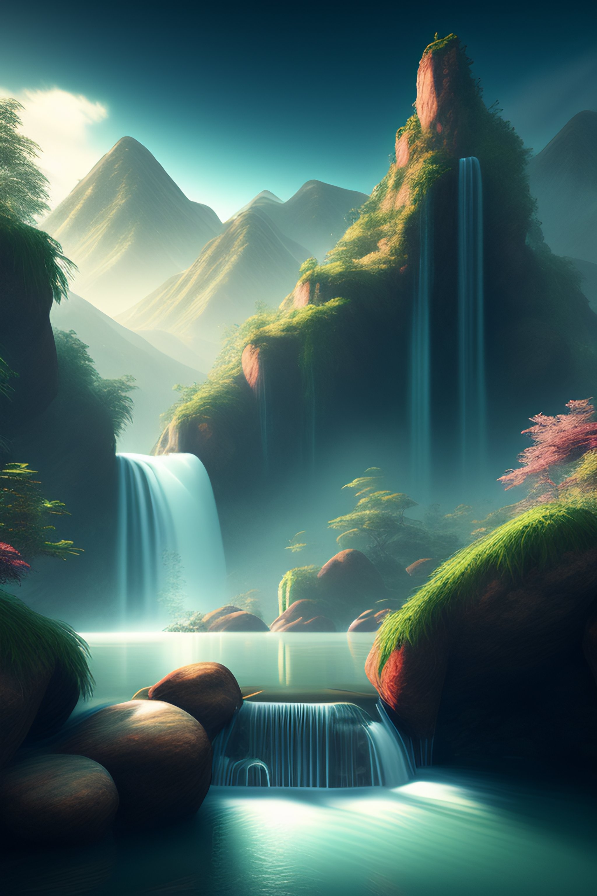 Lexica - Chinese style, water stream, mountains, mist, hyper realistic, lush gnarly plants, 8 k ...