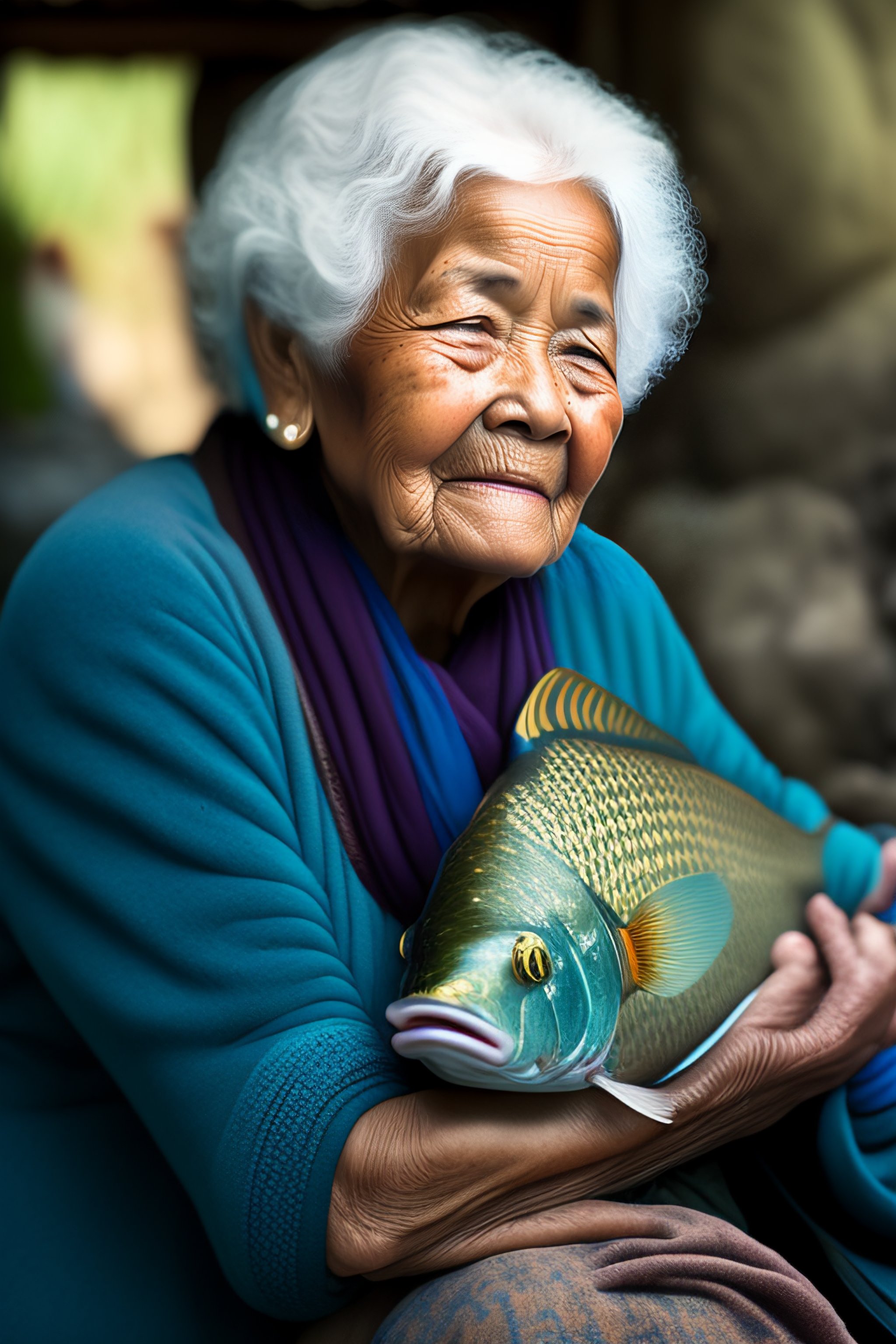 Lexica - Old grandmother hugging own old fish —q 2 —v 4
