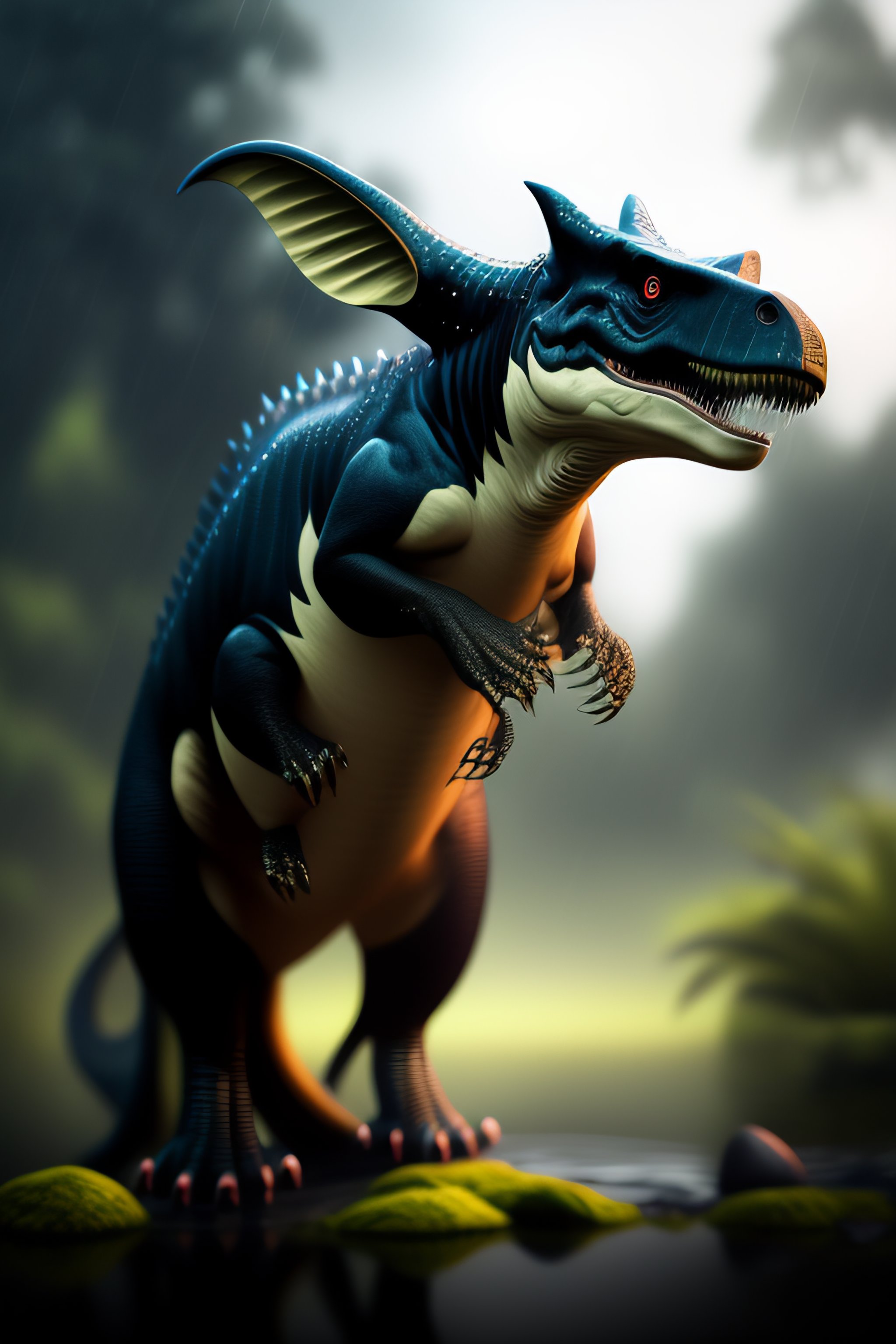 Lexica - T-rex dino bee hybrid, terrifying, rain, unreal engine, big wings