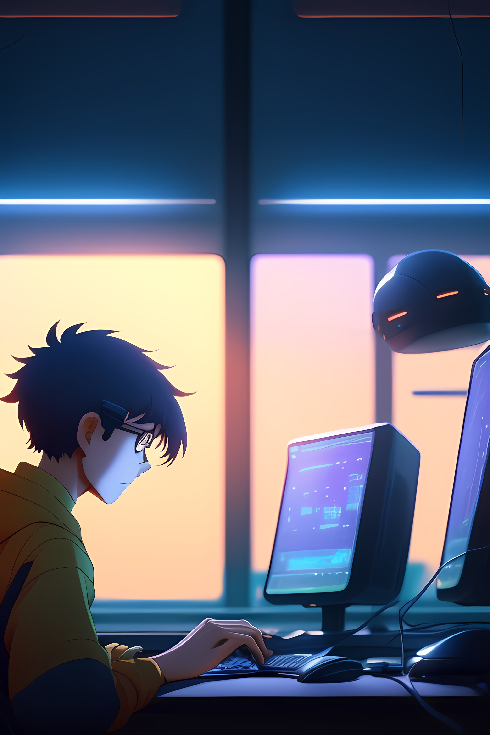 Lexica - A nerdy boy is programming at a computer in a room full of ...