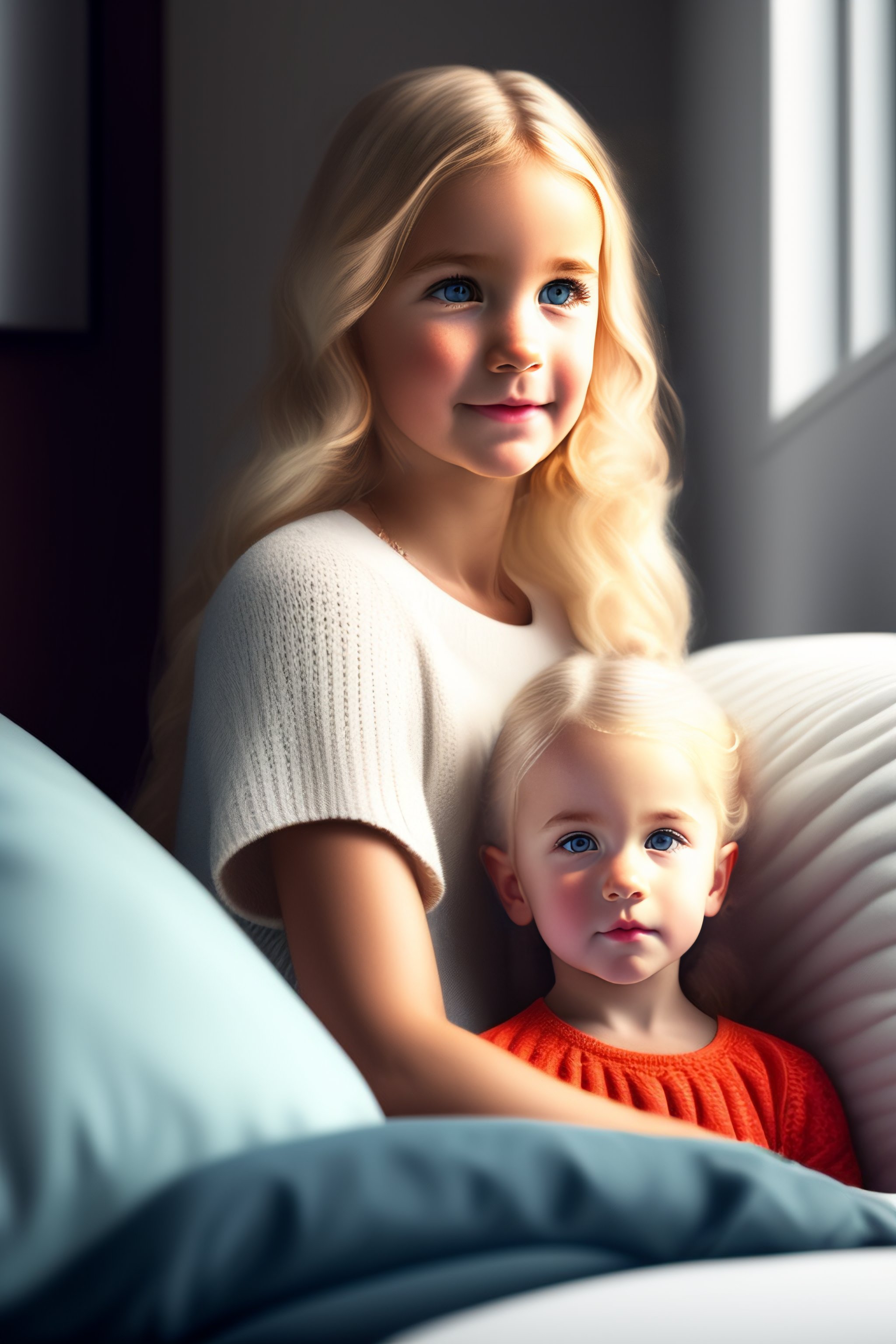 Lexica - 3 year old blonde girl sitting on bed and talking to her ...