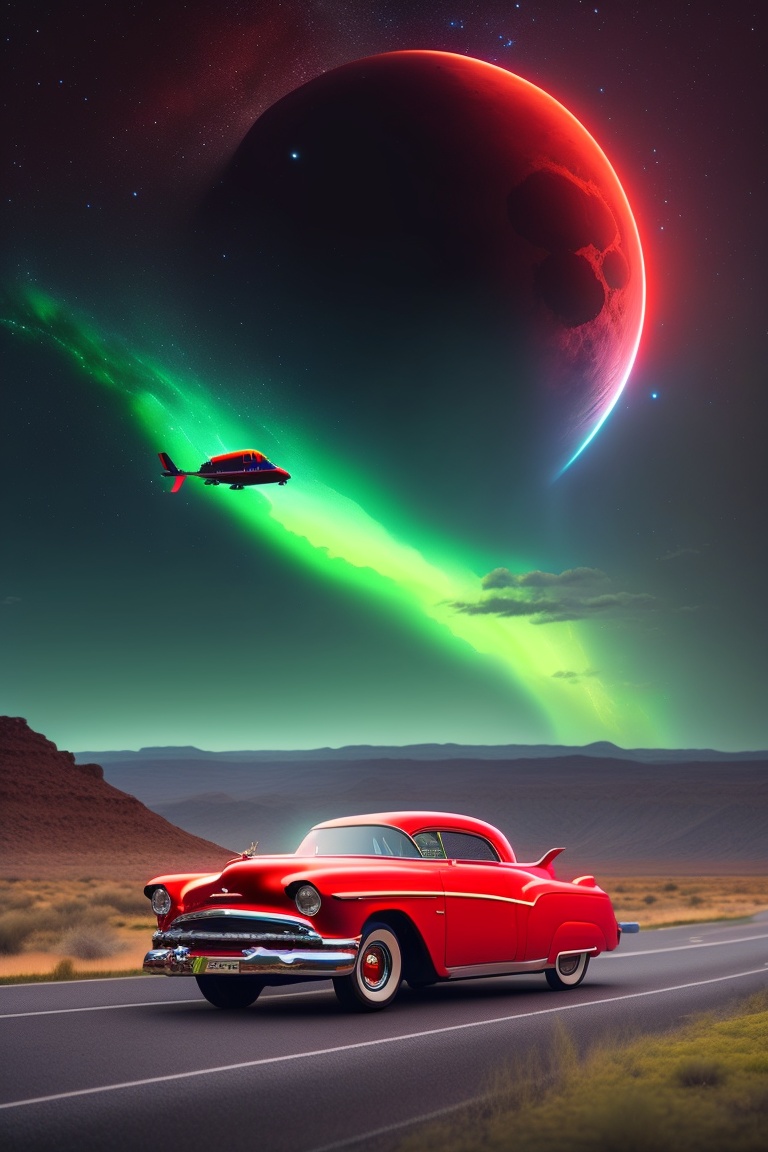 Lexica - A red car floating in outer space under a huge meteor shower ...