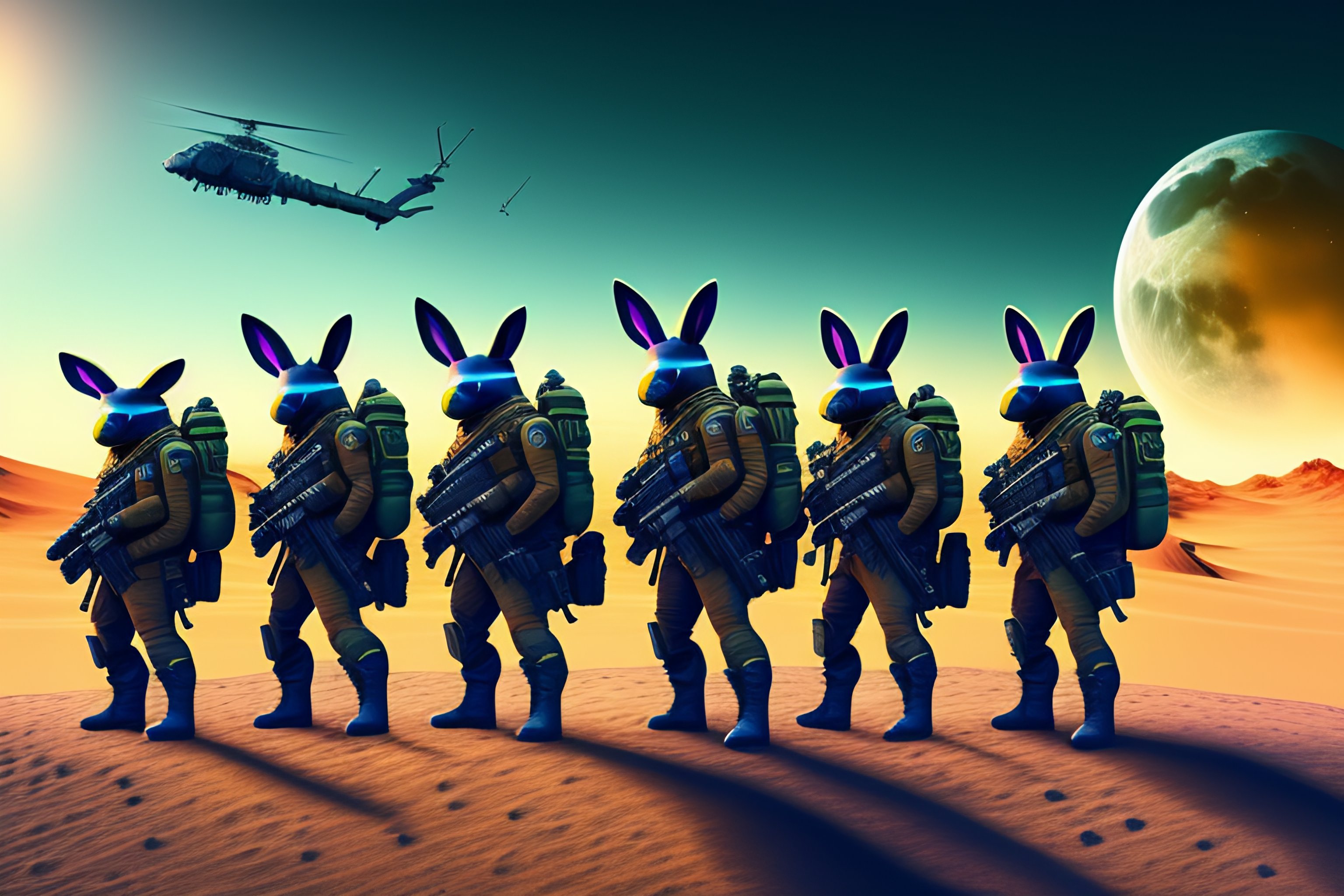 Lexica - Five neon rabbits from the special forces unit, dressed in ...