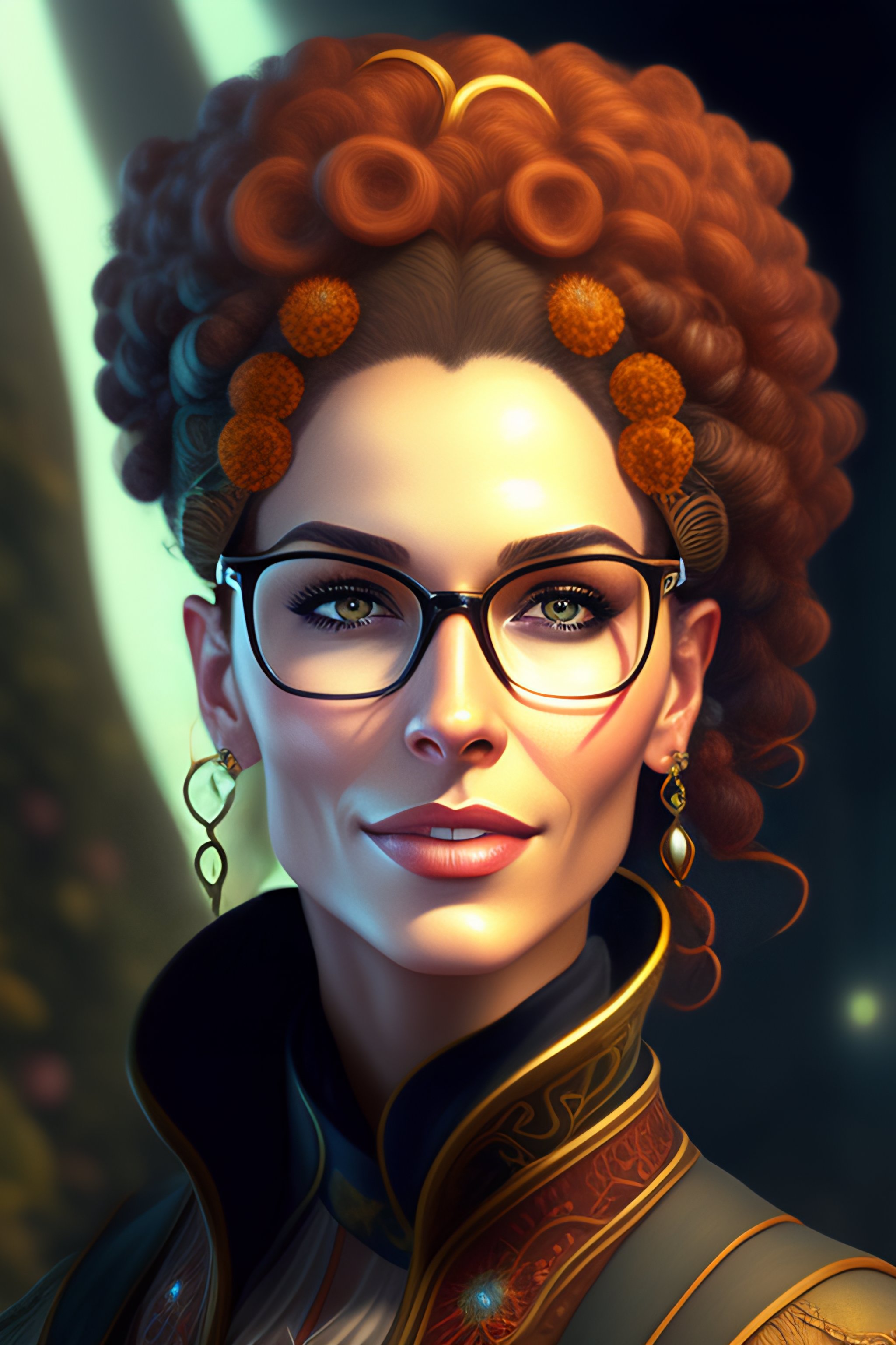 Lexica - Face, Caucasian woman, broad chin, tied curly hair, glasses ...
