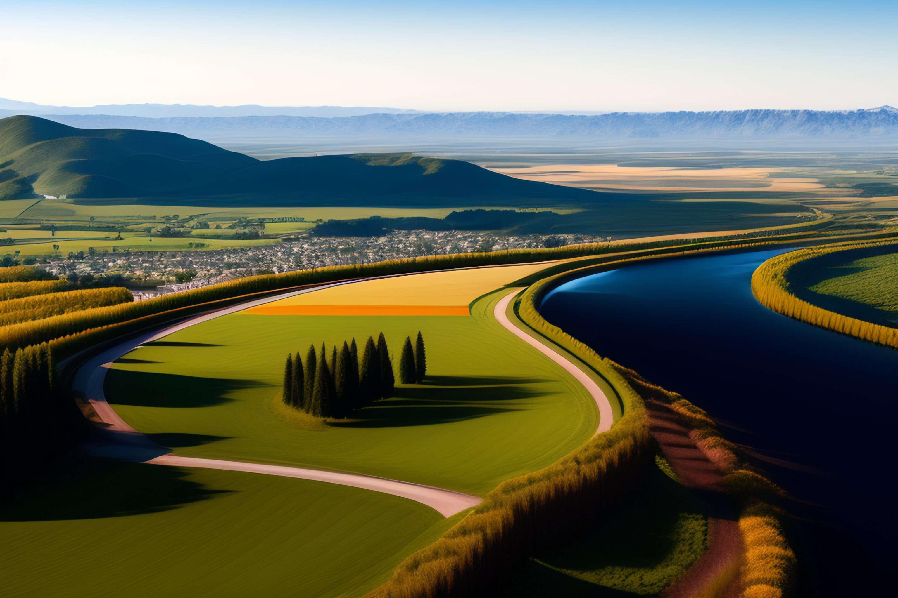 Lexica - Landshape with very linear road and little town in background