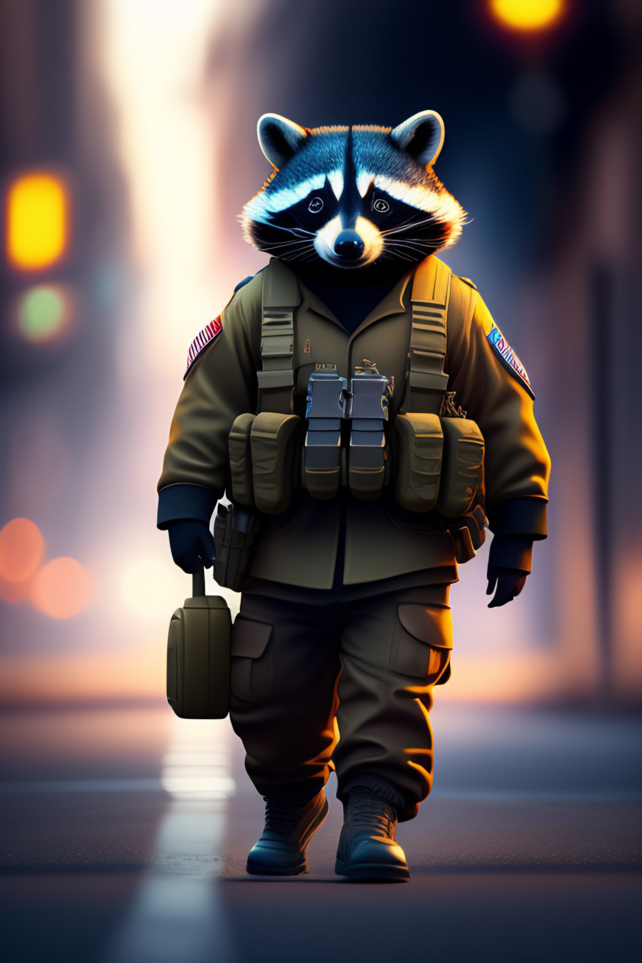 Lexica - A military raccoon with a machine gun walking with a baby by ...