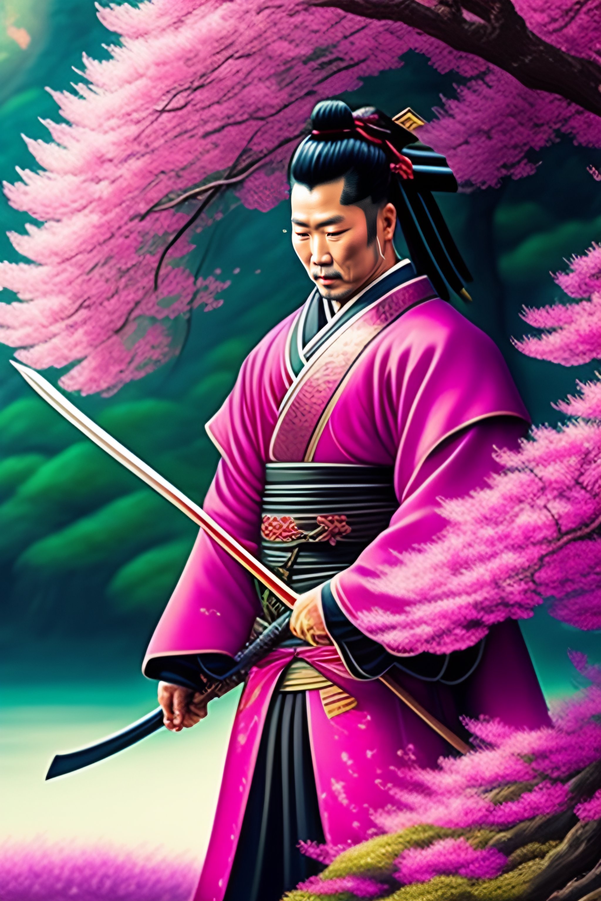 Lexica - Samurai with magenta kimono draws his katana under a sakura ...
