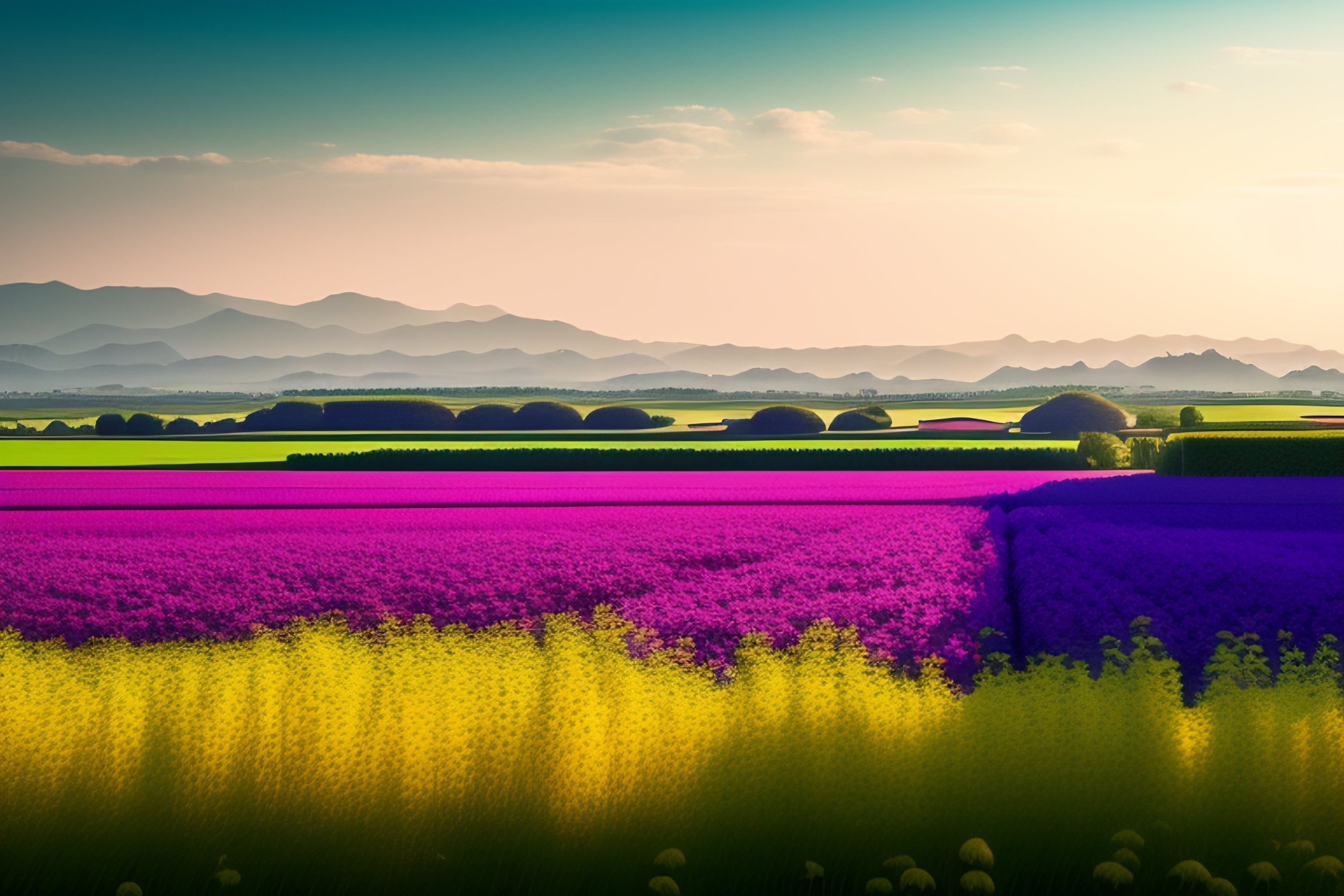 Lexica - The landscape is completed by green and flowering fields ...