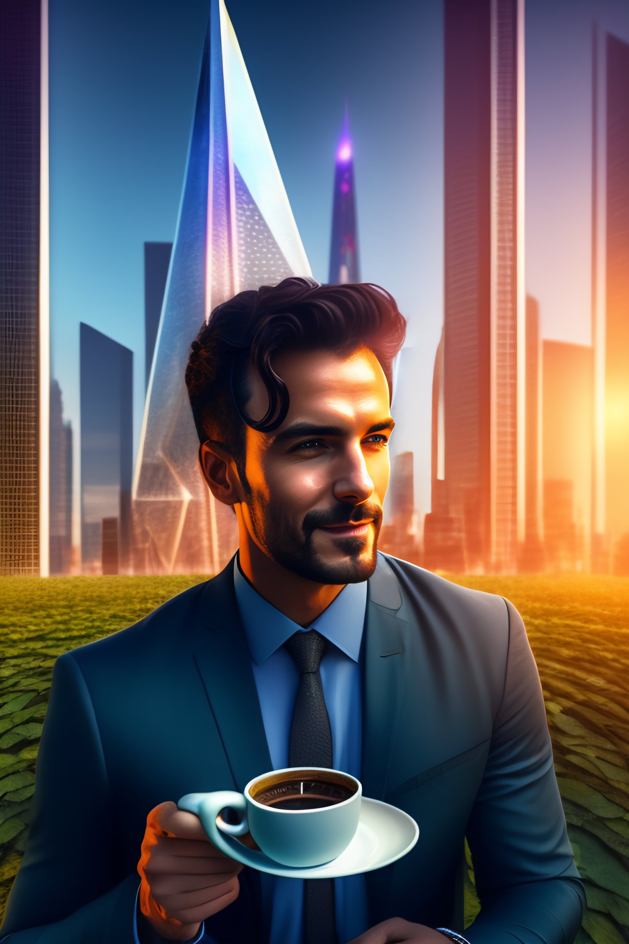 Lexica - Solarpunk man drinking coffee with background as A high tech ...