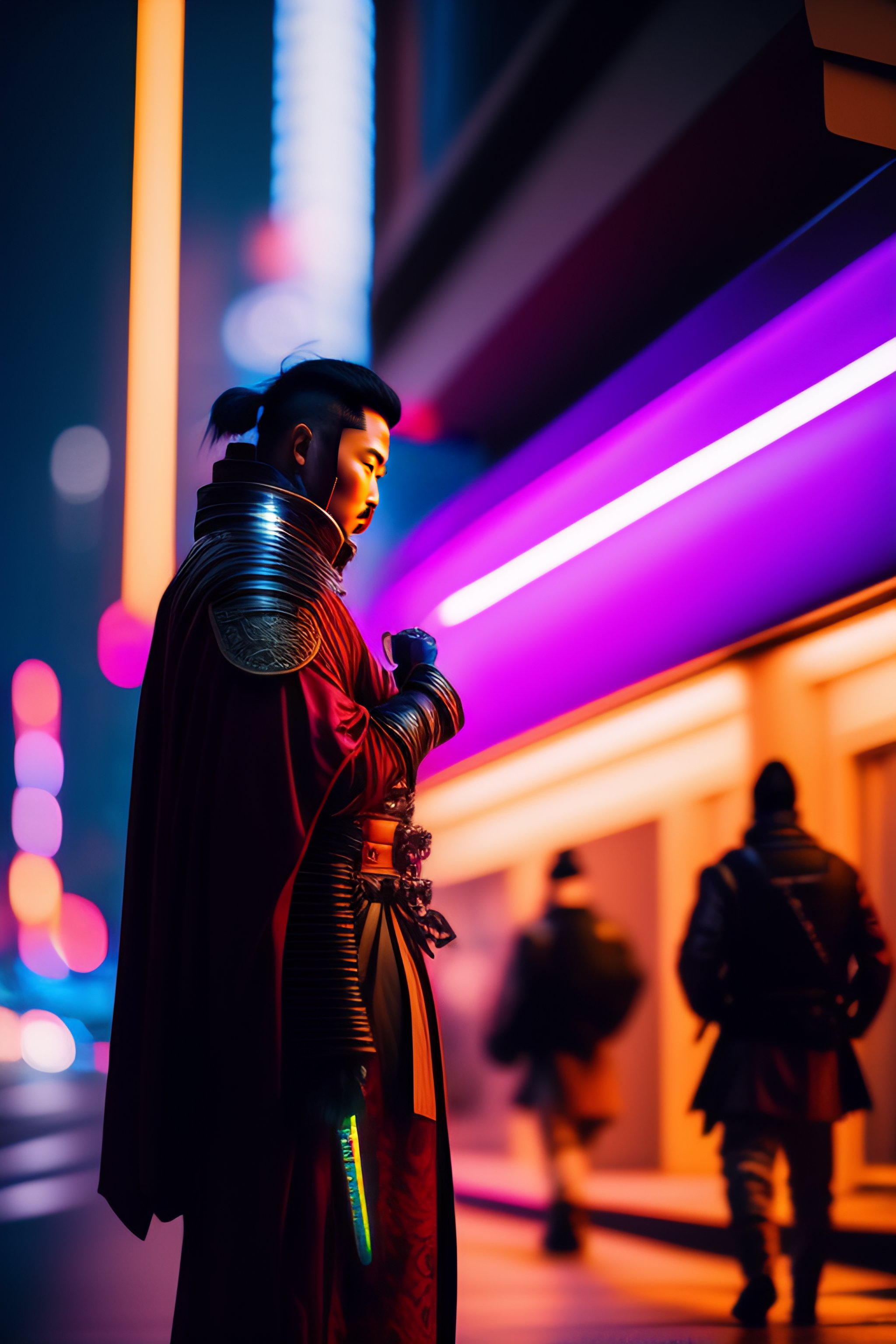 Lexica - Slow shutter speed photo of a cyberpunk samurai with neon ...