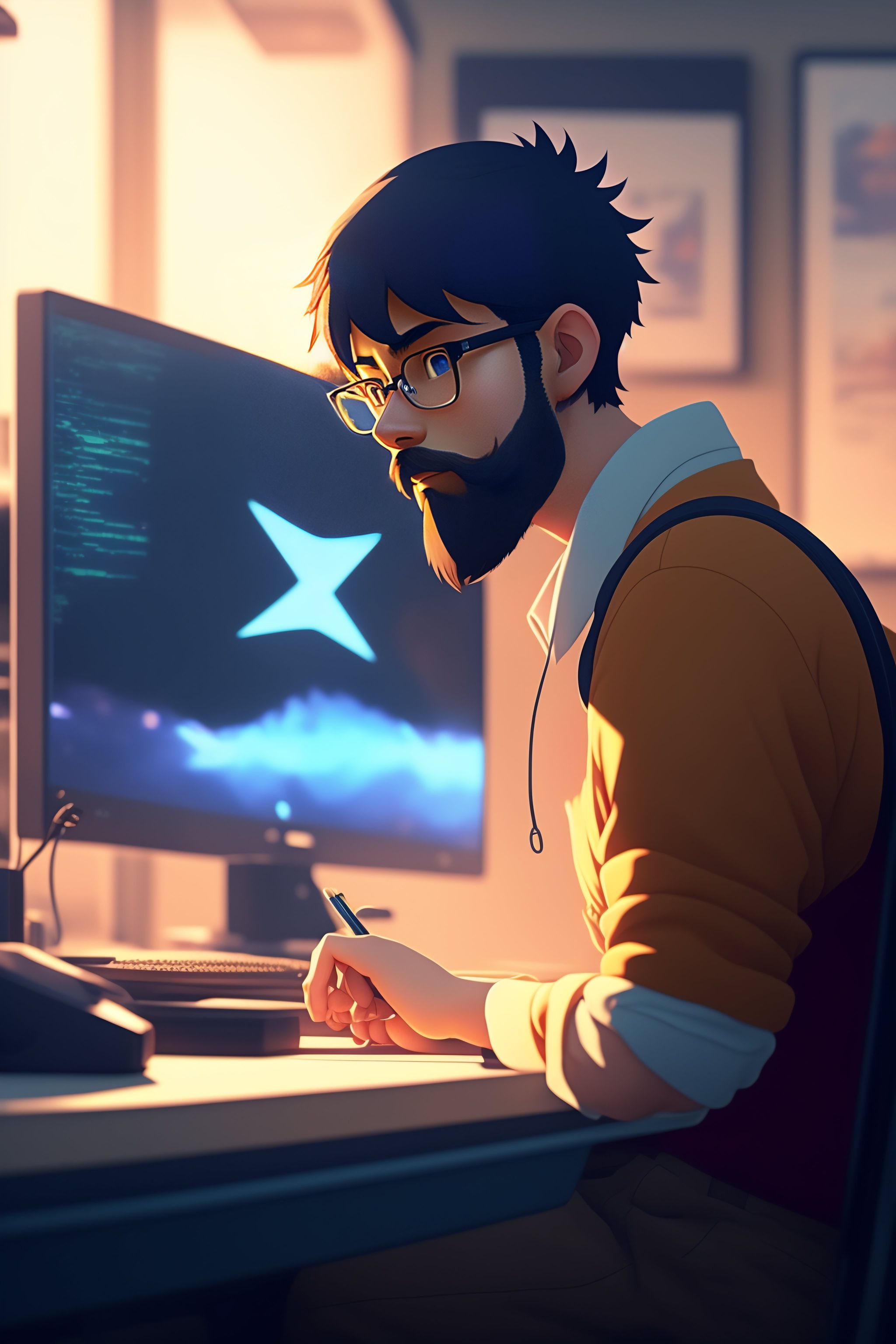 Lexica - A nerdy boy with beard is programming at a computer in a room ...