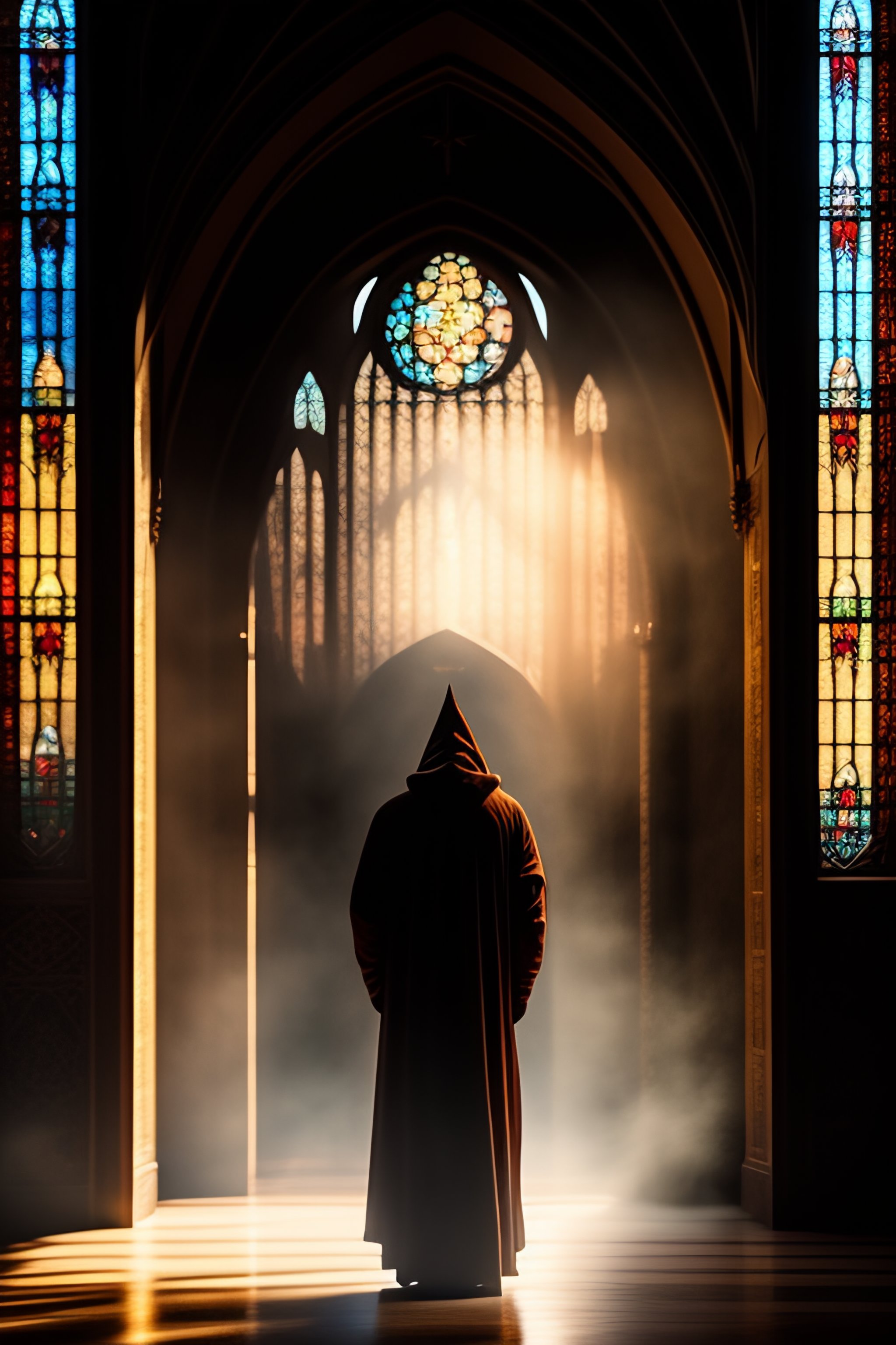 Lexica - A hooded monk standing before a stained glass window of ...