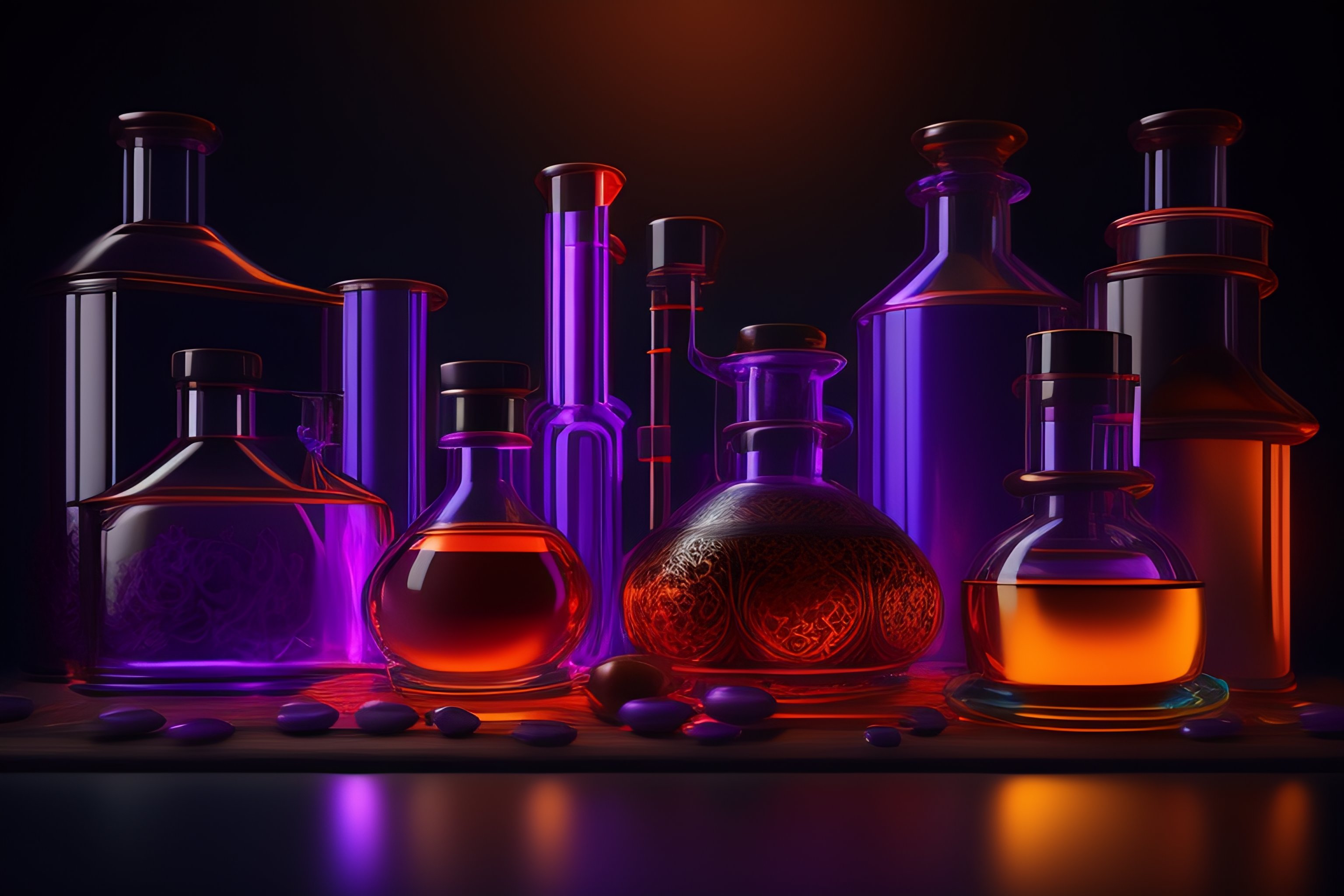 Lexica - Fantasy room laboratory, a bunch of flasks, potions, vials ...